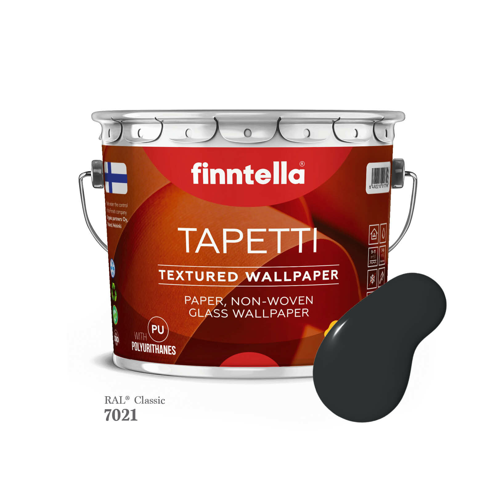 Шелковисто-матовая краска для обоев под окраску TAPETTI SILKKI Matta FINNTELLA, Цвет RAL 7021 Черно-серый (Black grey), 2,7л