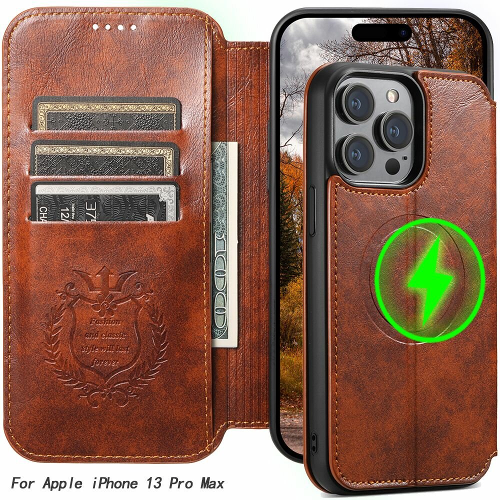 Коричневый чехол-книжка MyPads с MagSafe для Apple iPhone 13 Pro Max