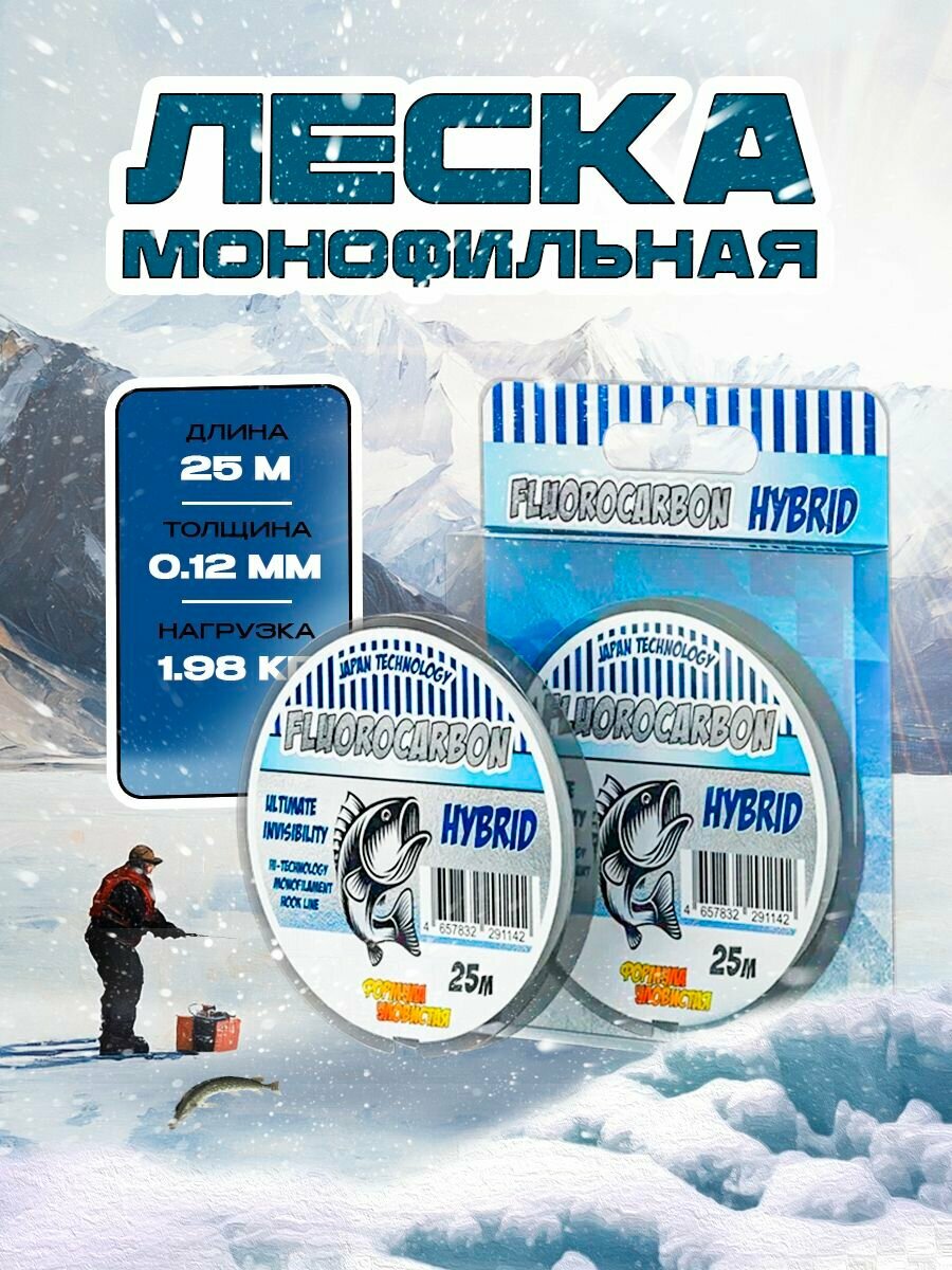 Леска моно для рыбалки Формула Уловистая "FLUOROCARBON HYBRID" 25м 0,12мм (1,98кг) флюорокарбон 65%