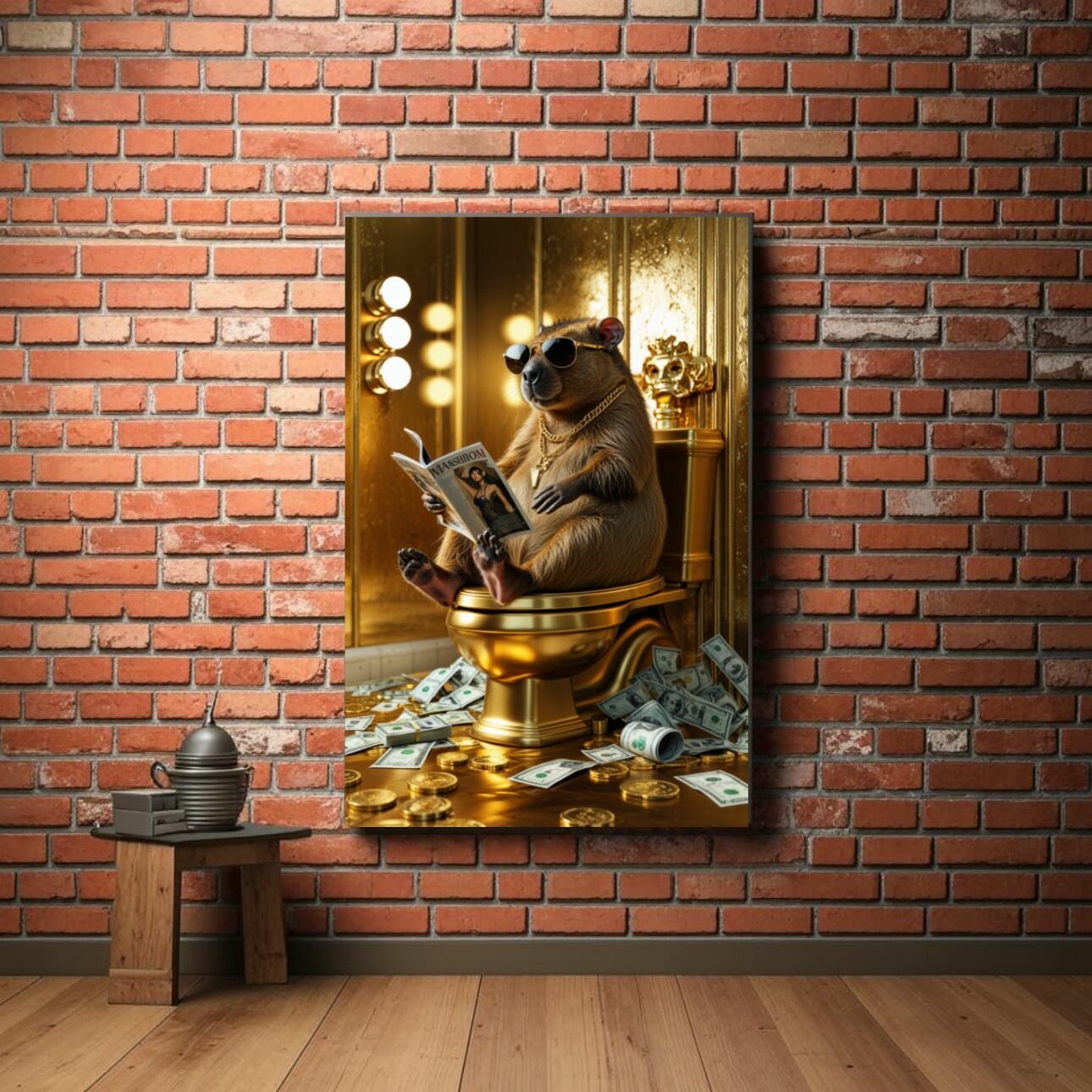 Картина в туалет, Бобер читает газету на унитазе, 60*80 см