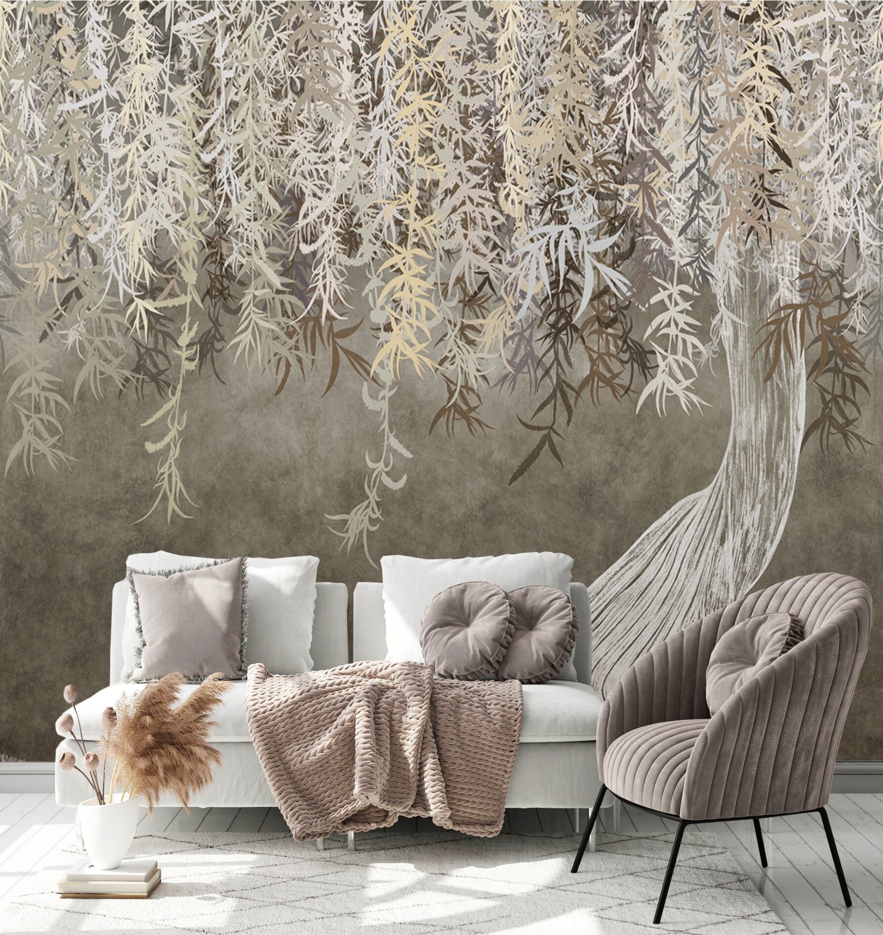 Фотообои с деревом "Ива на коричневом фоне" 300х270 см для спальни, гостиной, кухни, офиса, коридора, молодежные