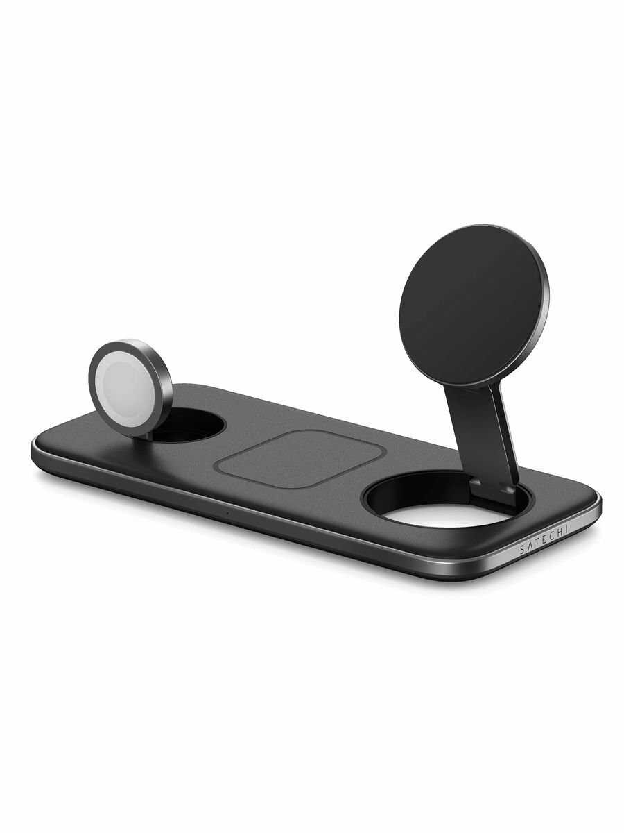 Зарядное устройство 3-в-1 Satechi Qi2 Trio Wireless Charging Pad с вилками типа A/C/G. Цвет: черный