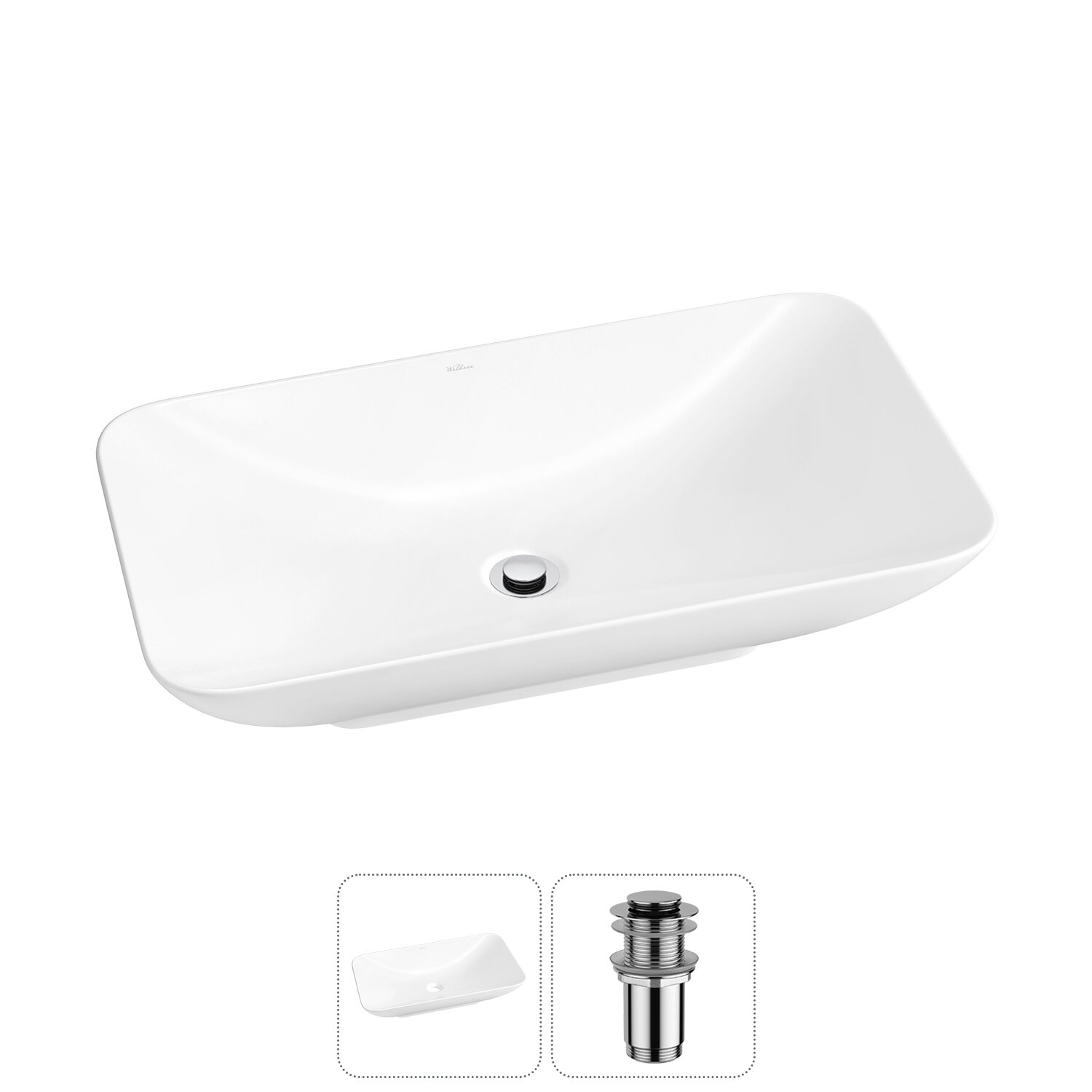 Накладная раковина в ванную комнату Wellsee Demure 20214599R в наборе 2 в 1: раковина 70 см в цвете белый глянец, донный клапан