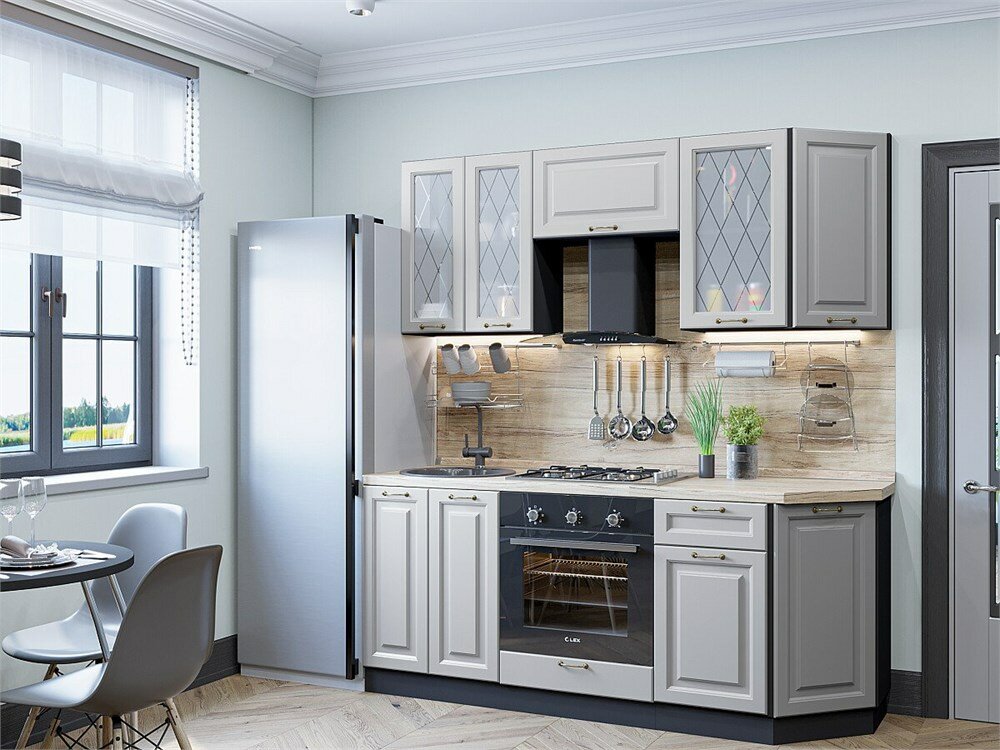 VVT Кухонный гарнитур модульный Ницца-01, каркас ЛДСП Graphite, фасад МДФ/Стекло Графит, 2140*1900*600 Графит