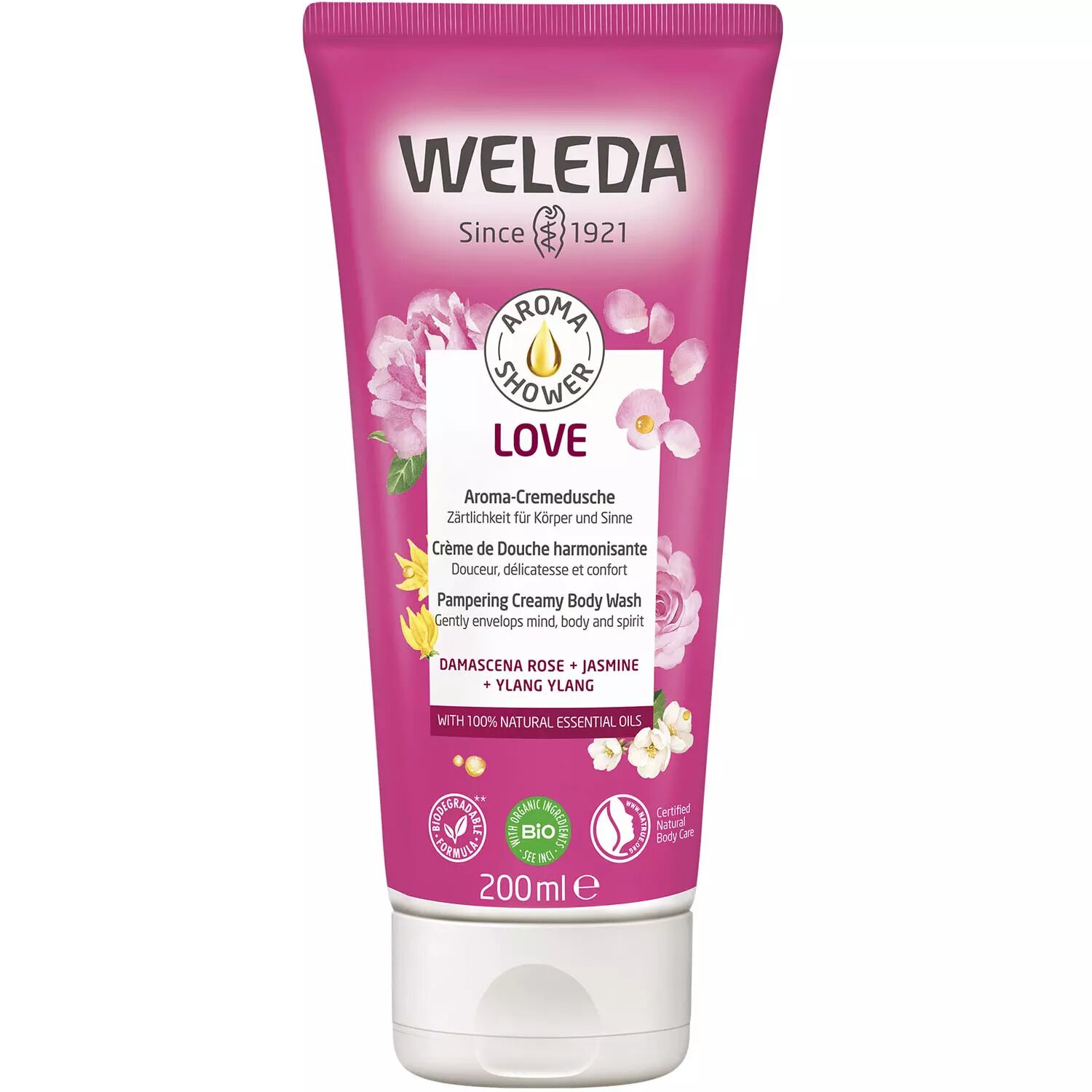 Гель для душа WELEDA "Love", кремообразная текстура, с ПАВ растительного происхождения, 200мл