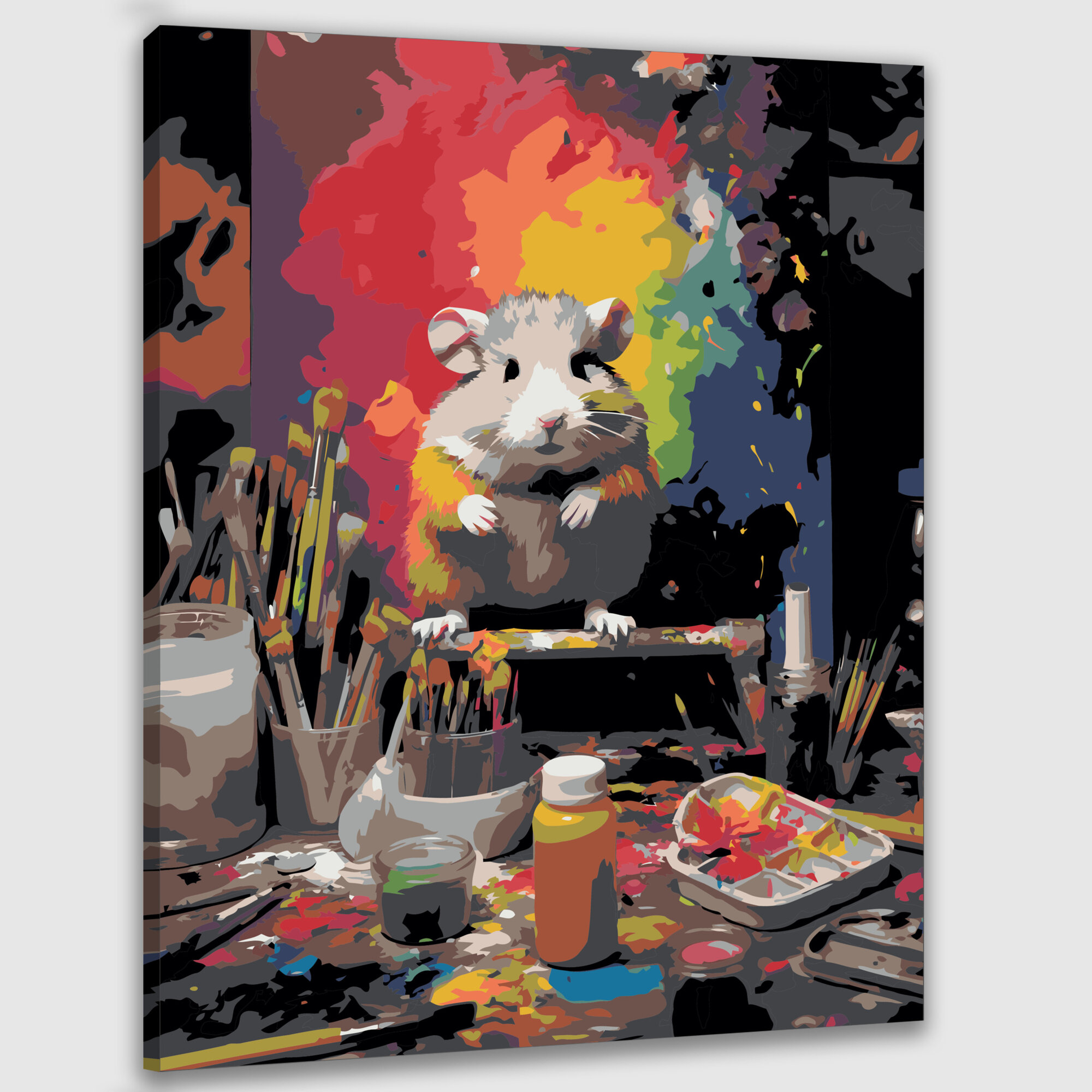 Картина по номерам 40x50 см, художник-хомячок, смешанная техника, яркие мазки краски, крошечные лапки, кисть, палитра