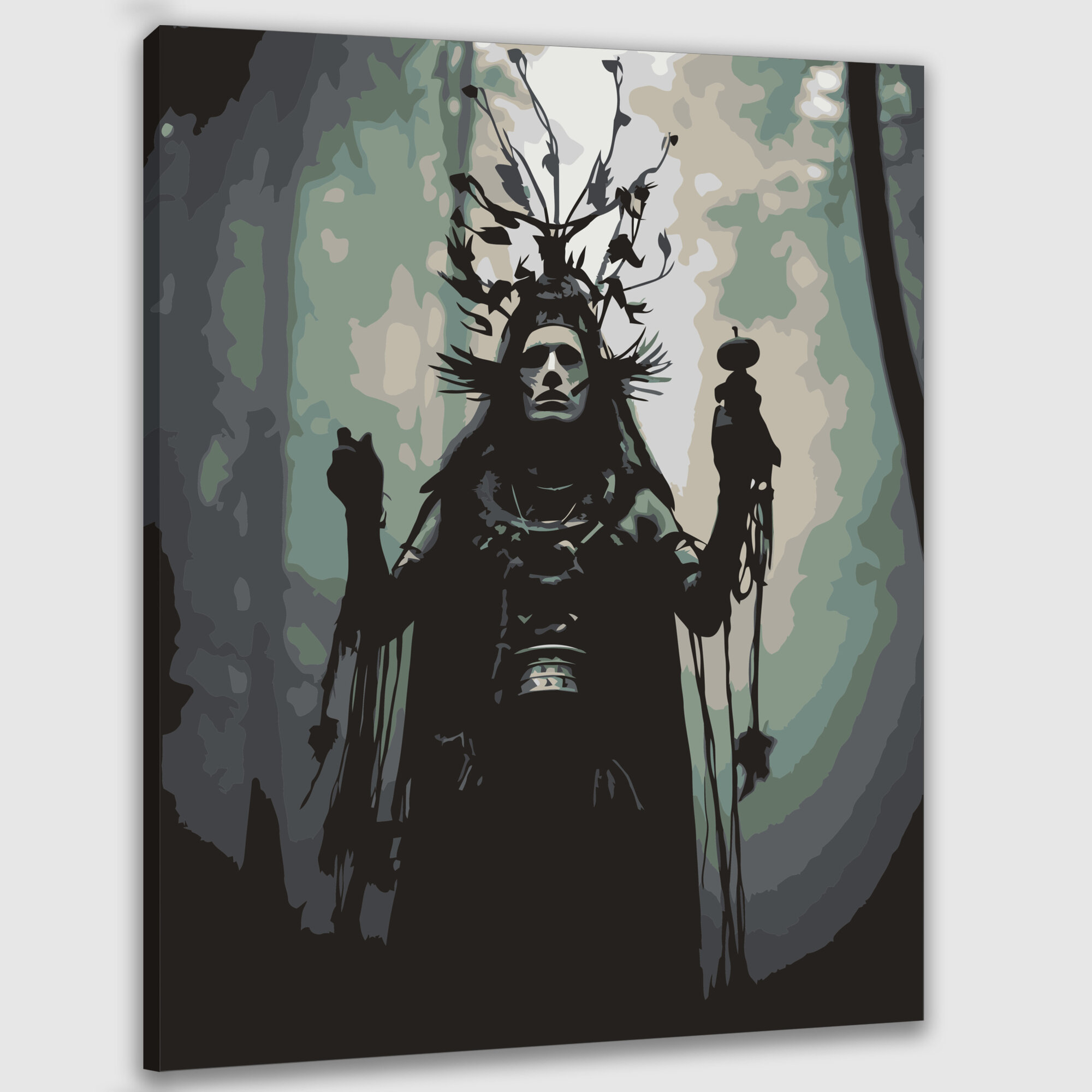 Картина по номерам 40x50 см, шаман, черно-белая фотография, церемониальные одежды, ритуальный танец, туманный лес