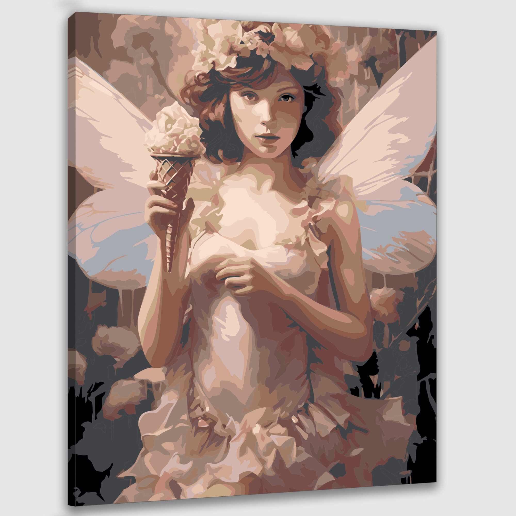 Картина по номерам 40x50 см, фея, радужные крылья, мороженое, сад, цветы, колибри