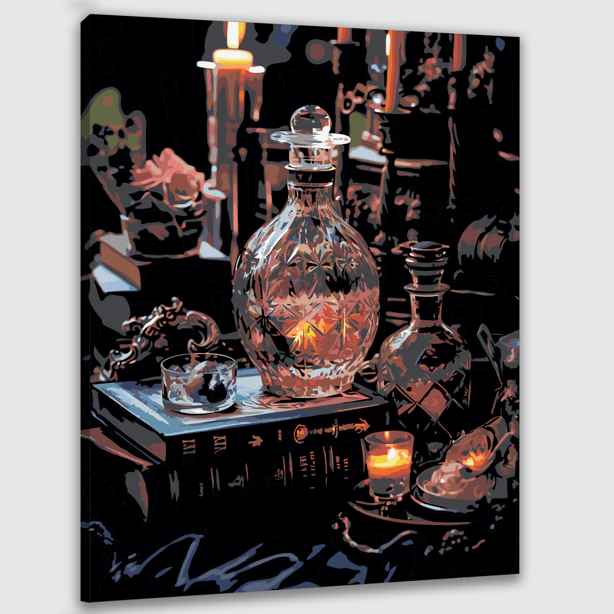 Картина по номерам 40x50 см, фотография, зелье, город, бутылка, жидкость, сервировка, стол, книги, свечи, флаконы