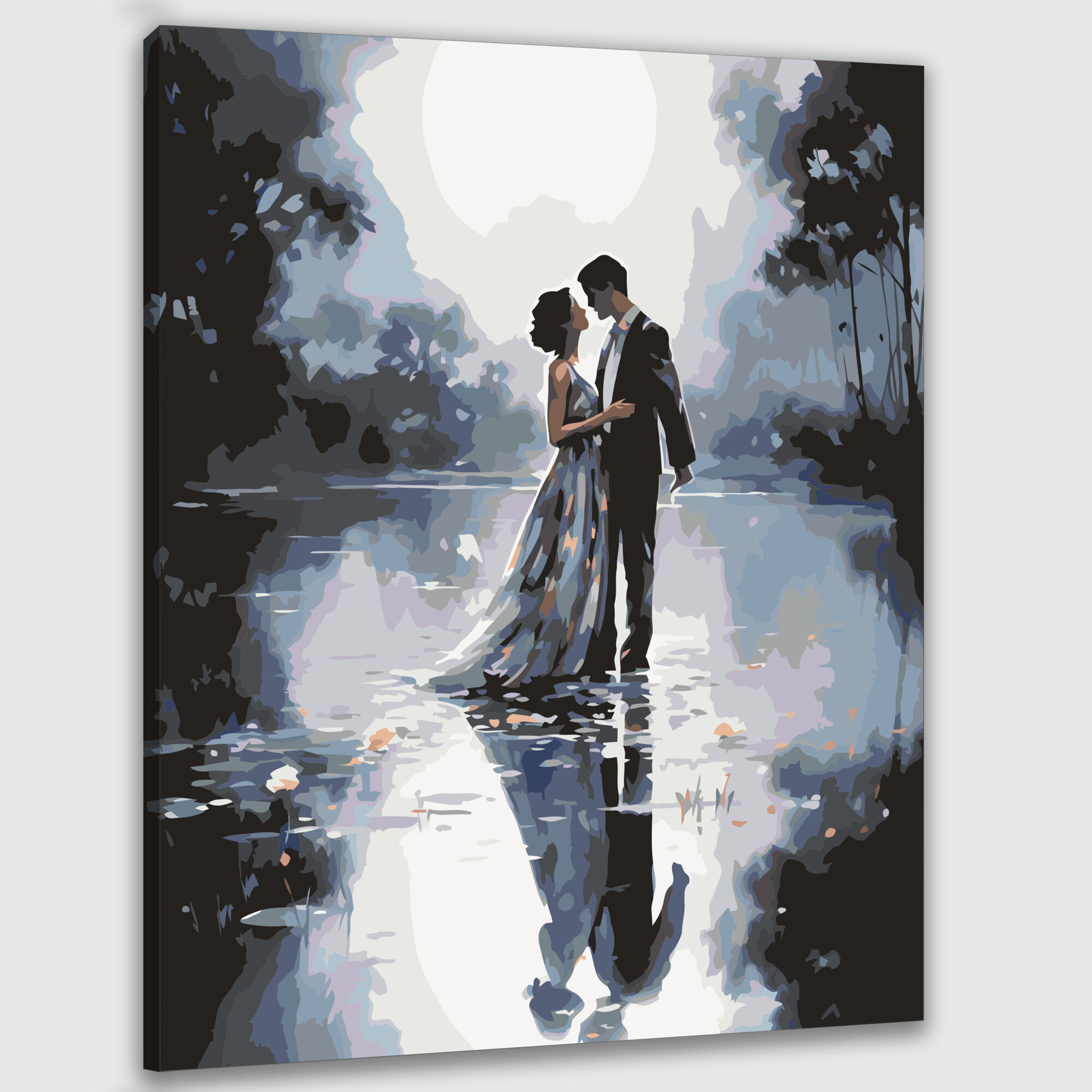 Картина по номерам 40x50 см, акварельная картина, пара, вальсирующая, лунный свет, небо, отражение, воды, озеро