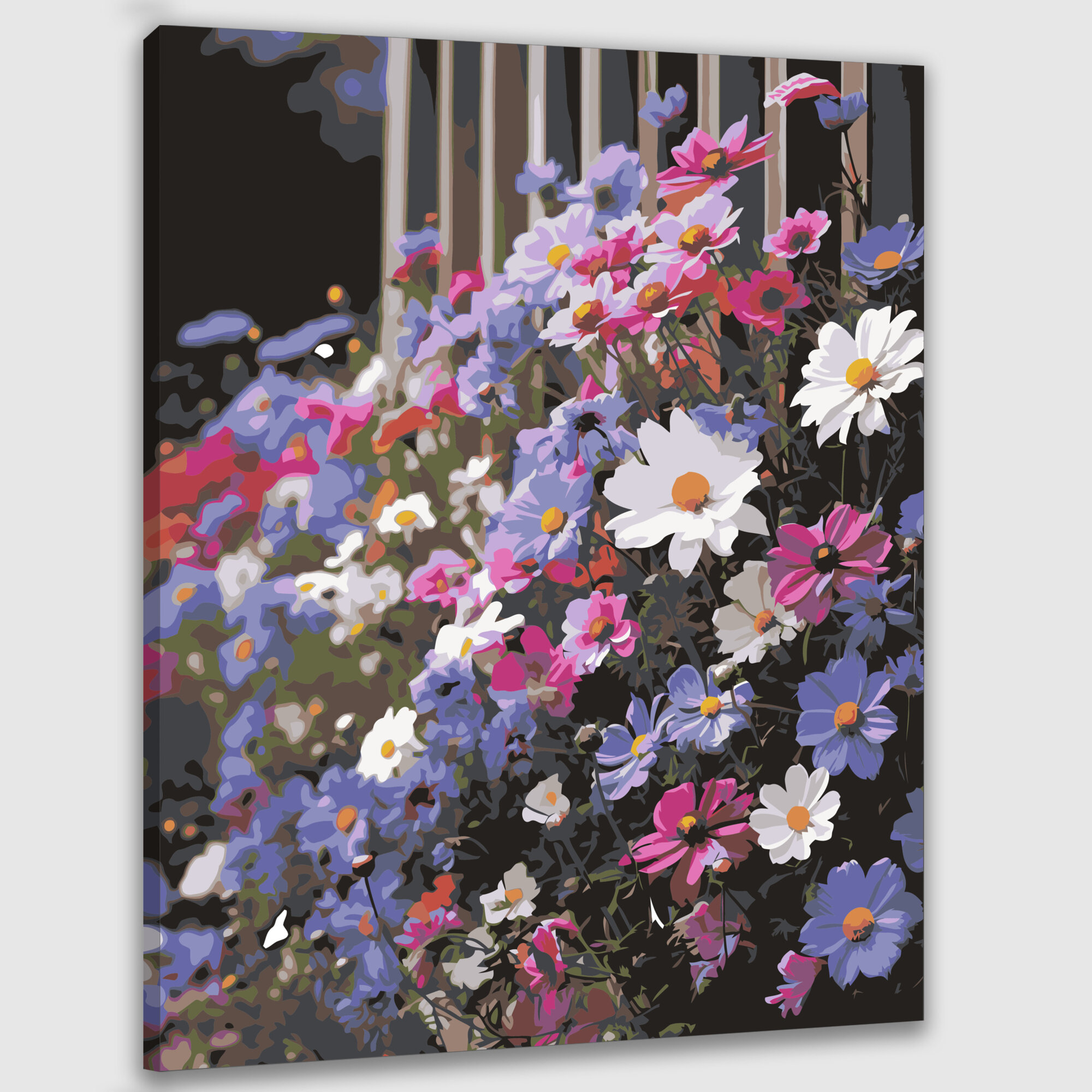 Картина по номерам 40x50 см, фотография, цветочный уголок, цвета, розы, лаванда, маргаритки, забор, зеленая листва