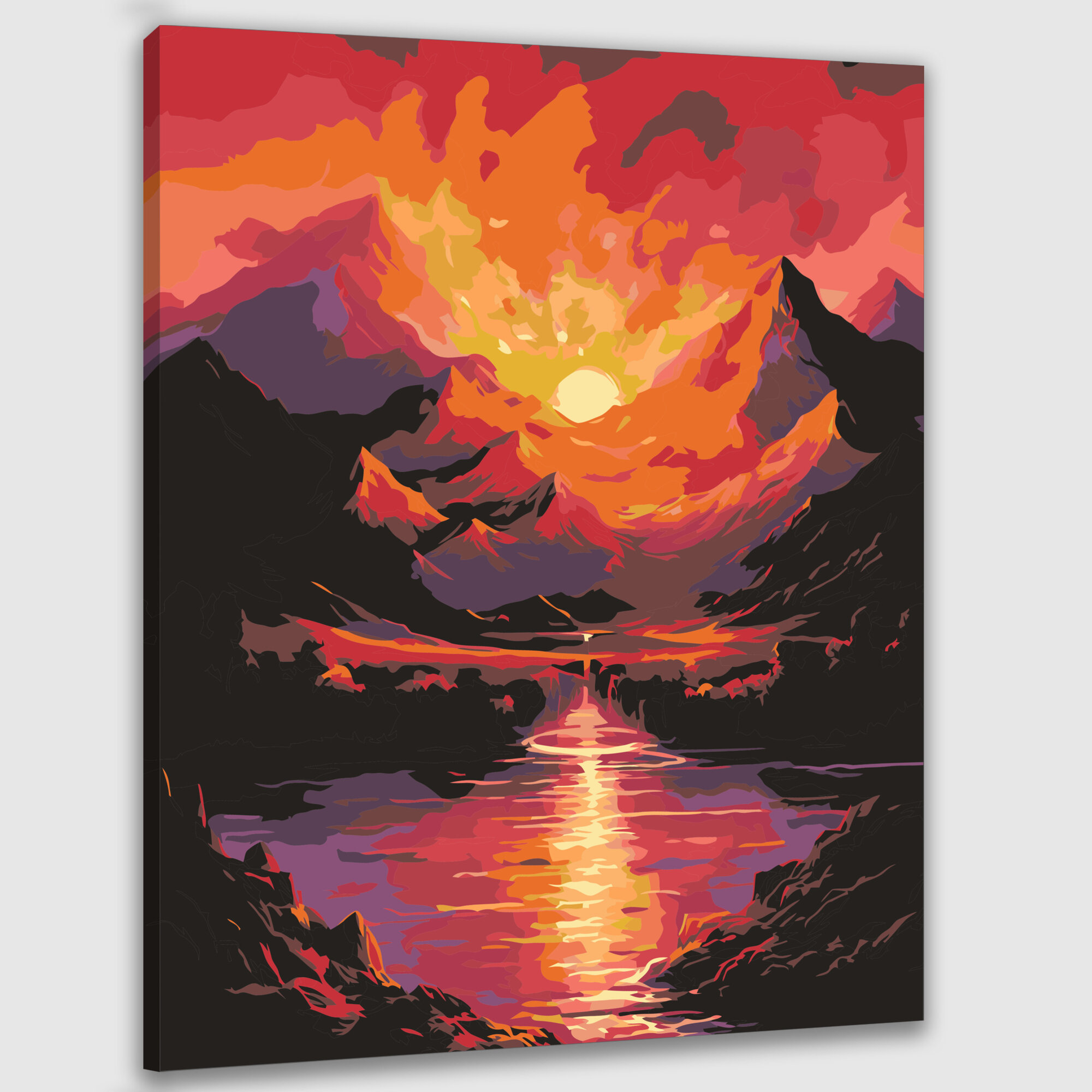 Картина по номерам 40x50 см, горы, пламя, небо, закат, краски, огонь, пейзаж, оттенки, холст, сцена, вершины, сияние