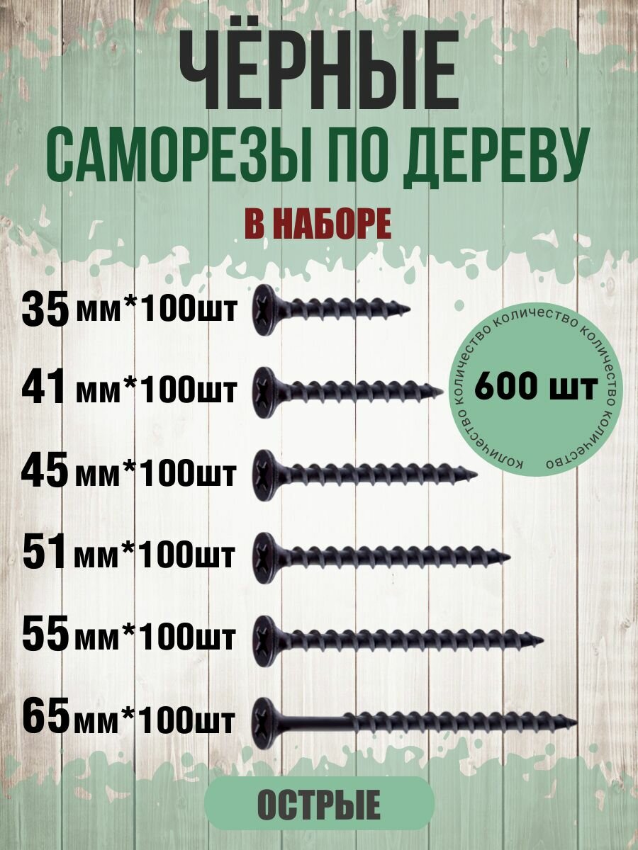 Саморезы по дереву набор GETSTUFF черные универсальные 600 шт.