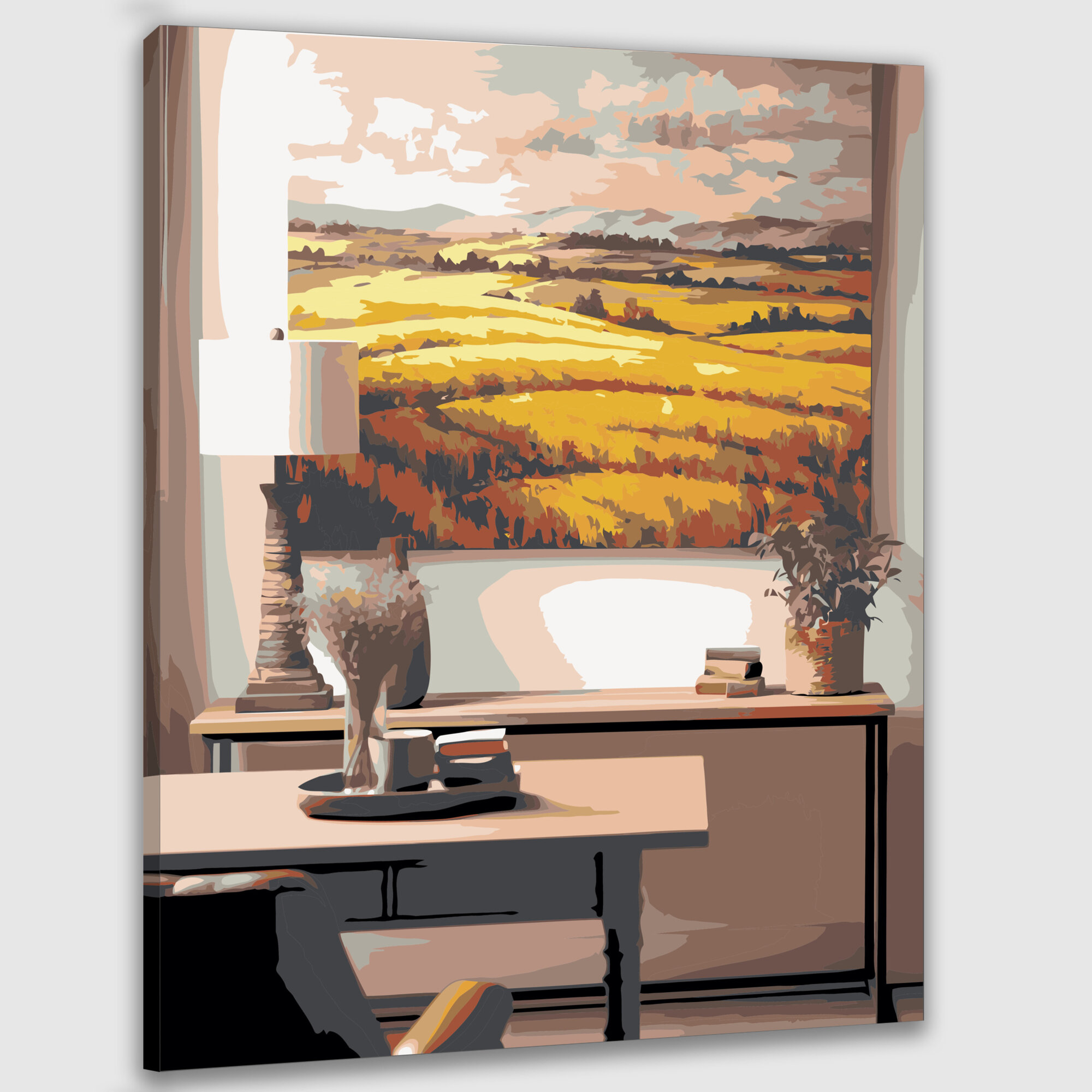 Картина по номерам 40x50 см, картина маслом, сельский пейзаж, холмы, пшеничные поля, солнце, лето, свет и тени