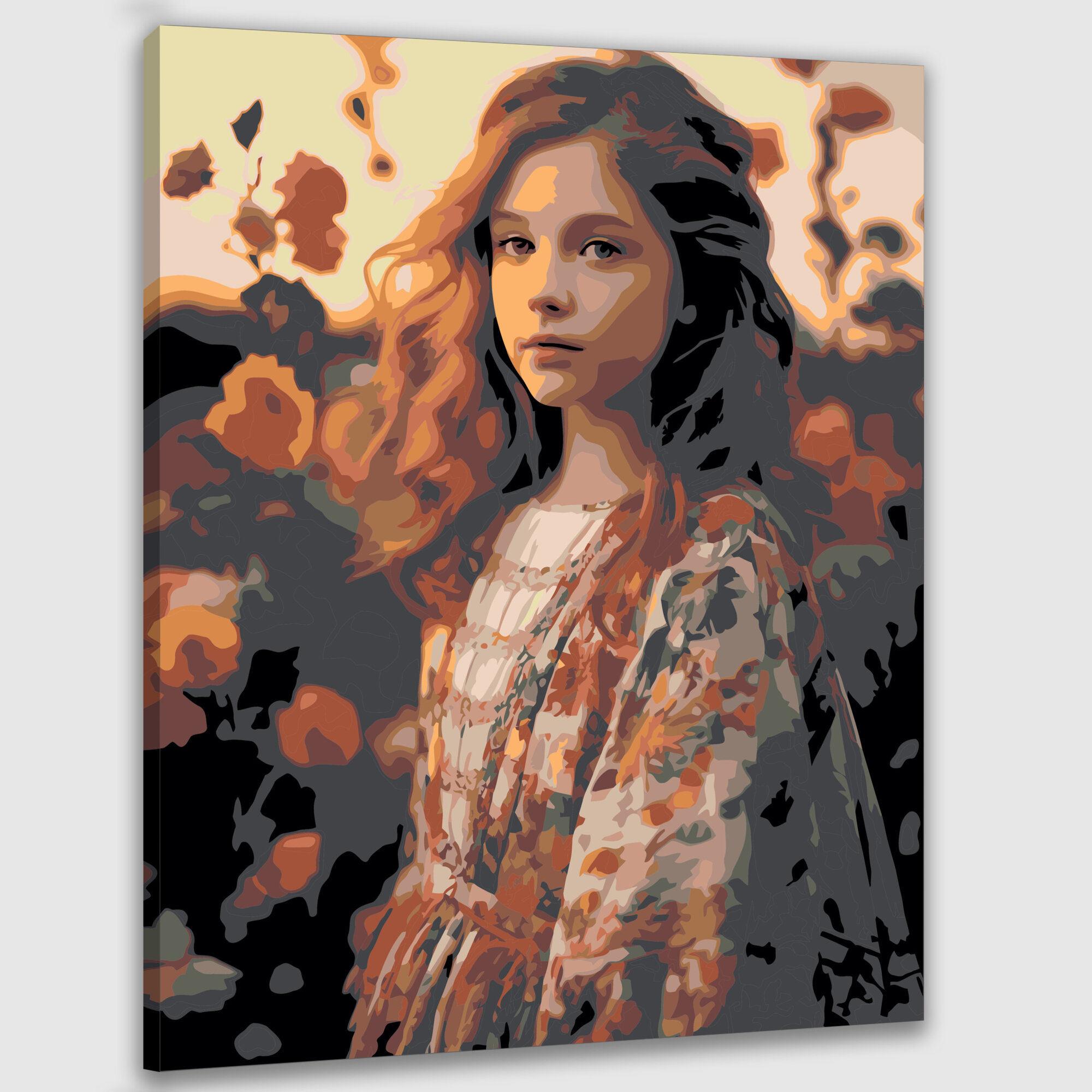 Картина по номерам 40x50 см, фотография, молодая девушка, поле ярких цветов, платье с цветочными узора