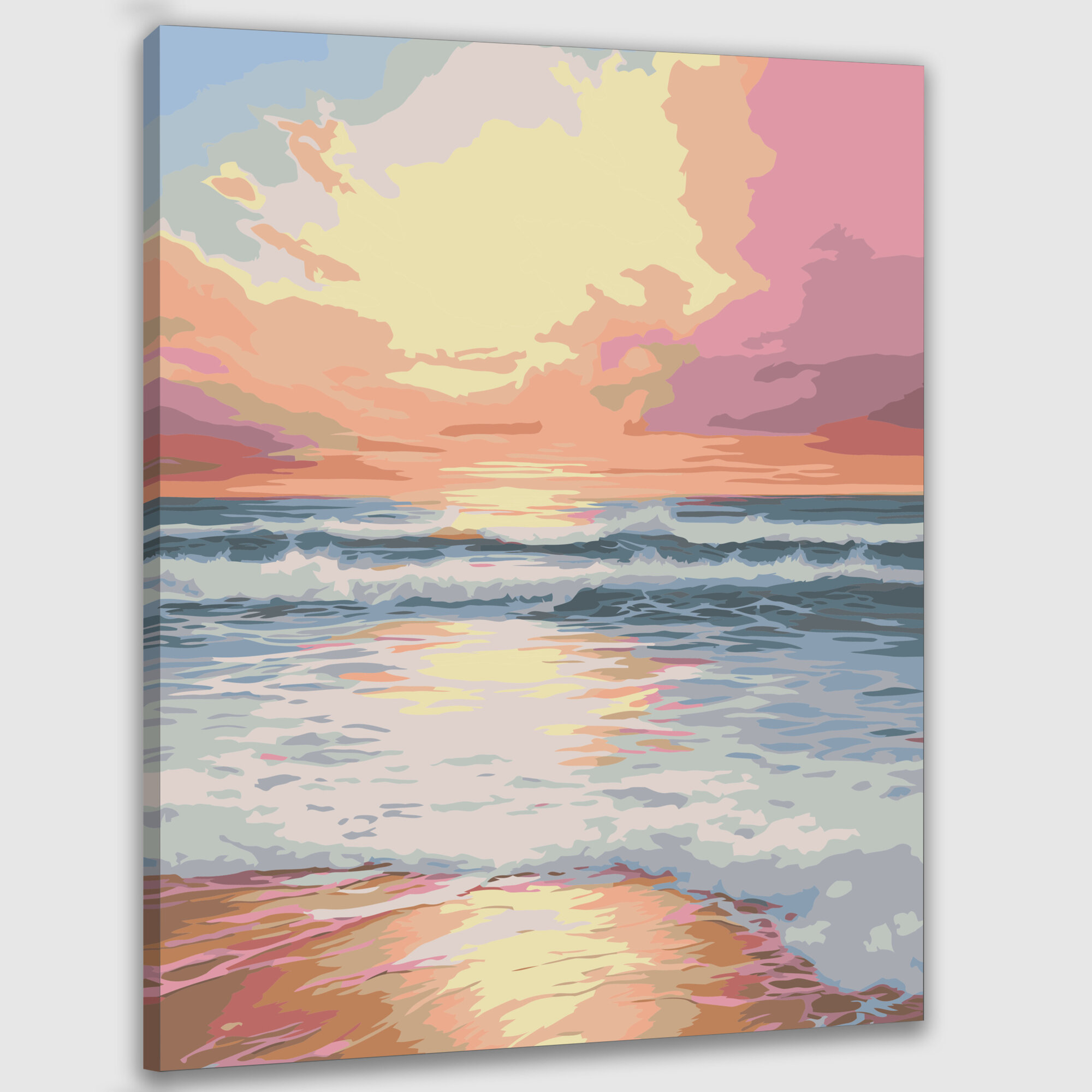 Картина по номерам 40x50 см, картина, масло, море, волны, песчаный пляж, поверхность воды, отражение, яркие краски