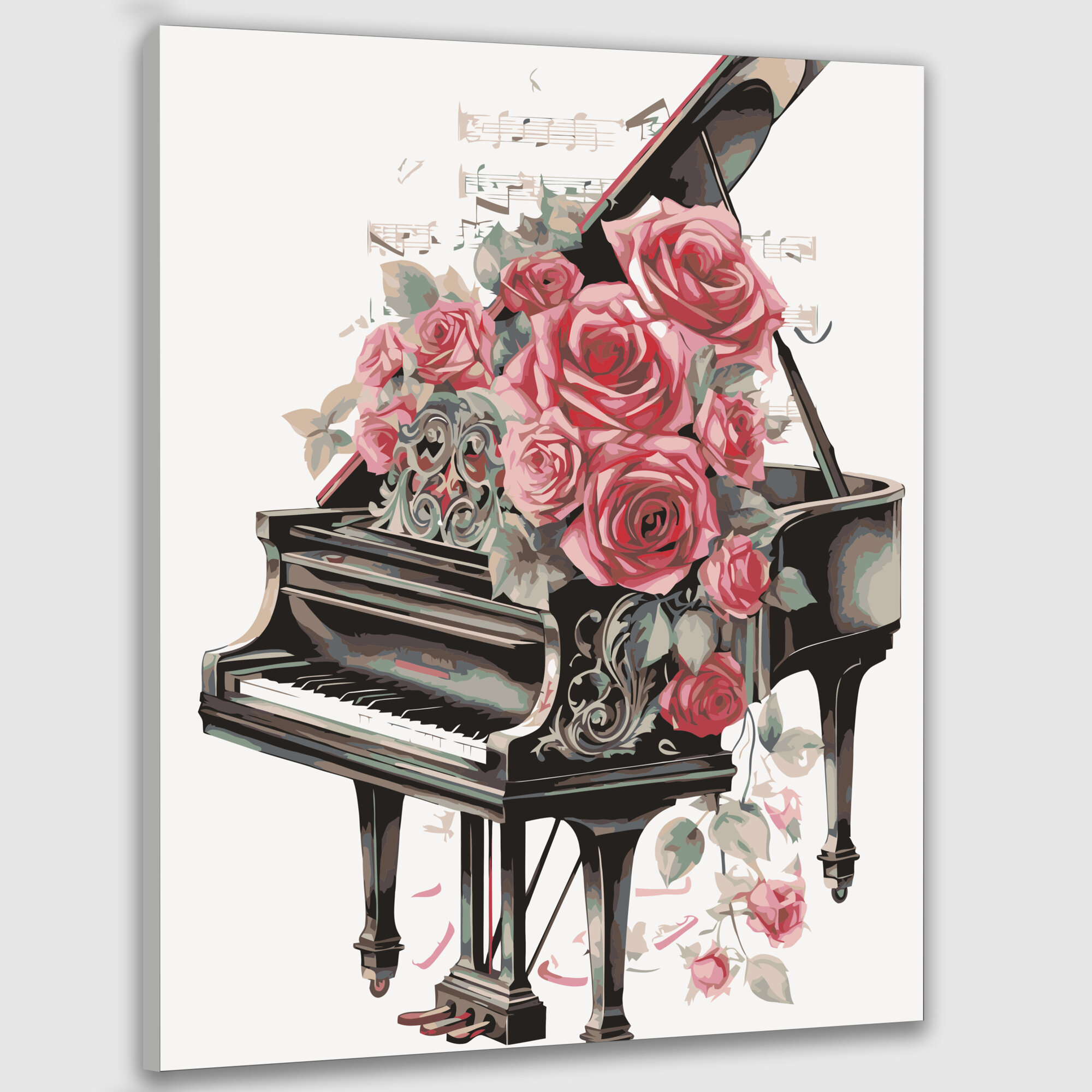 Картина по номерам 40x50 см, акварель, иллюстрация, рояль, каскадные розы, клавиши, лепестки, пианино, черно-белые тона