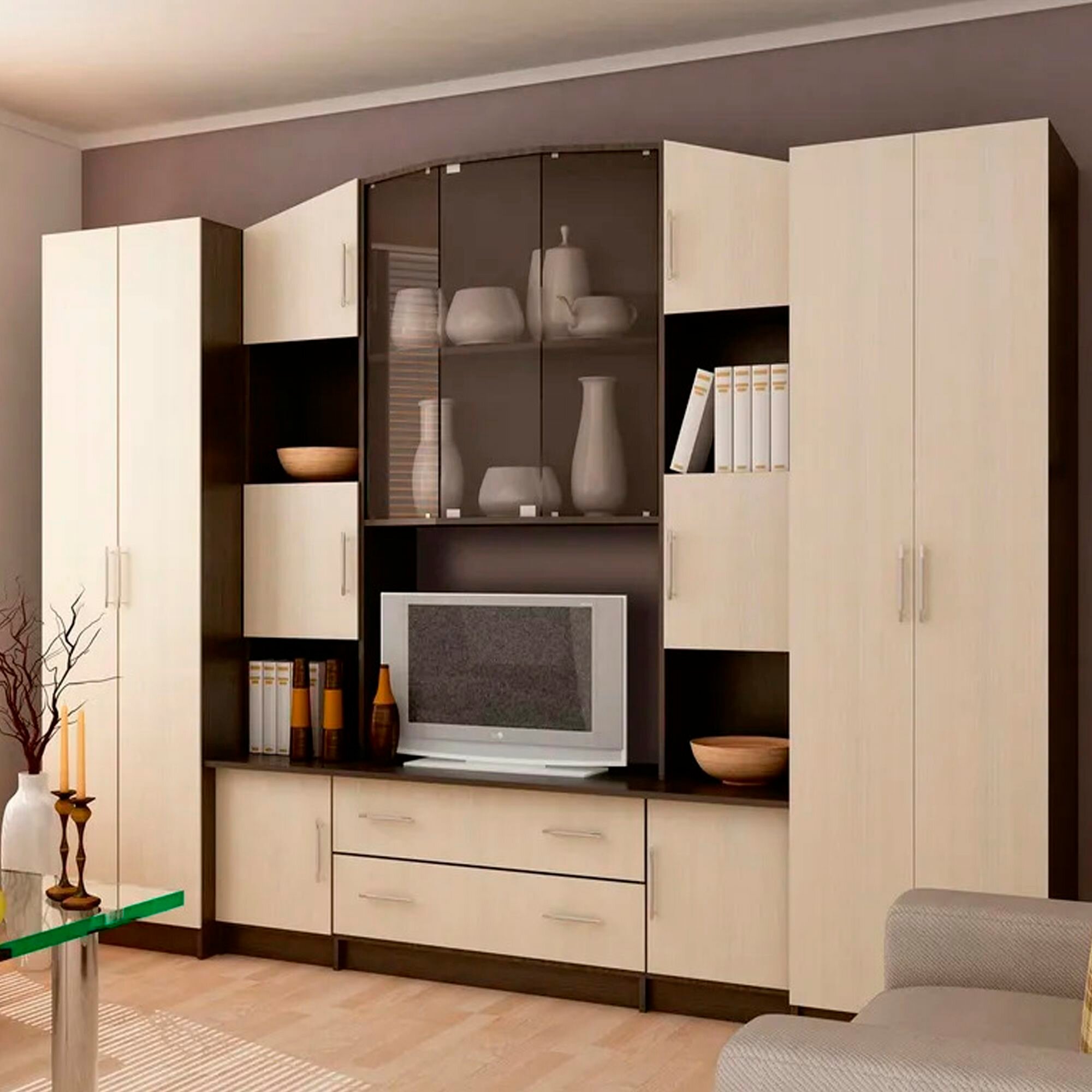 Гостиная Макарена, цвет Венге / Дуб, ширина 279 см, с полками, с тумбой под ТВ, шкаф