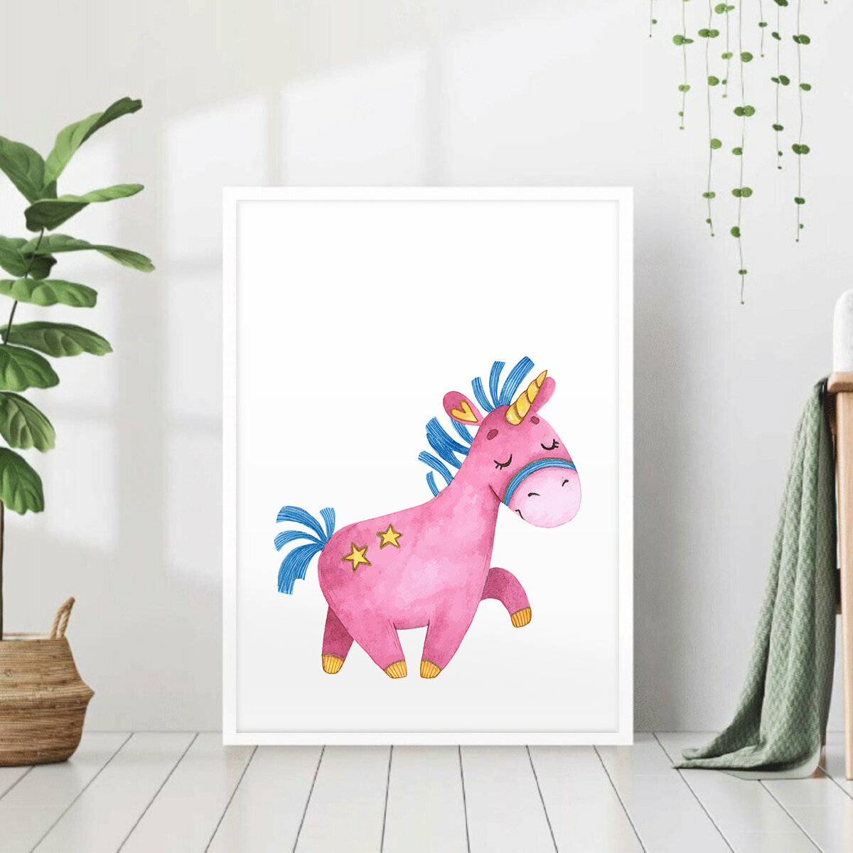 Постер "Розовый единорог для детской" в белой рамке 40x50 см для интерьера на стену