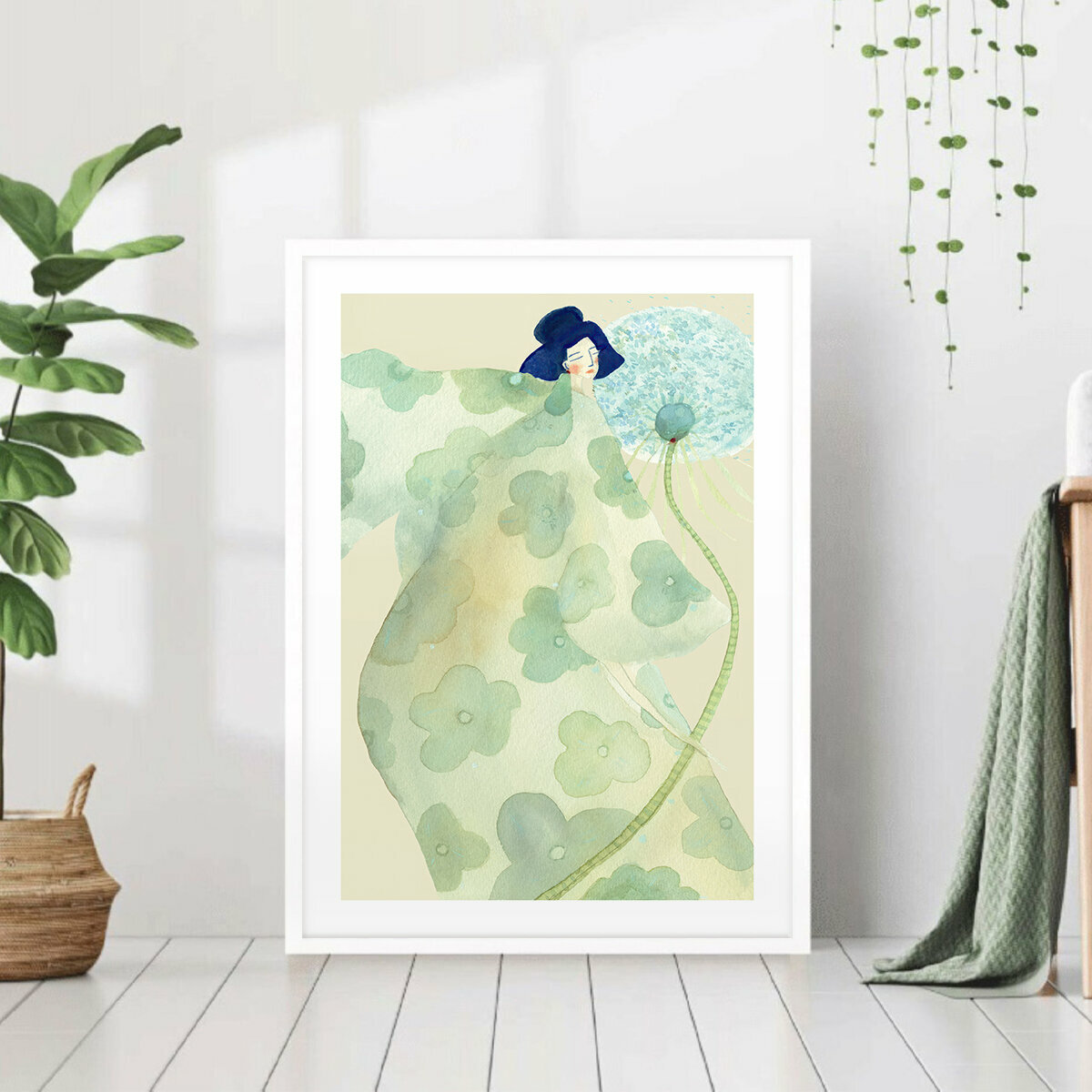 Постер "Девушка и одуванчик" в белой рамке 40х50 см для интерьера на стену