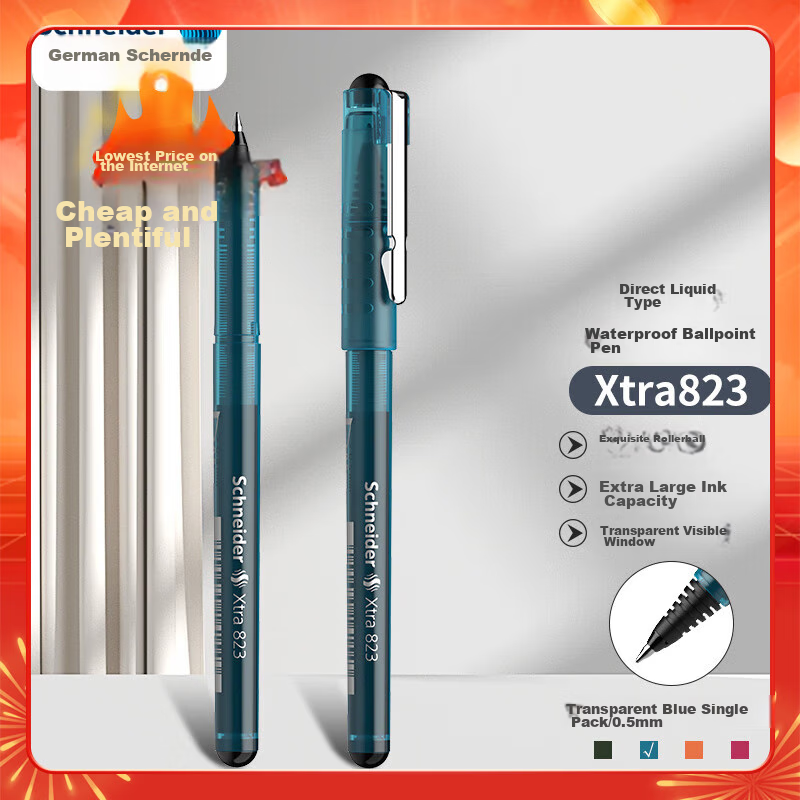 Schneider Needle-Tip Gel Pen, 0.5mm Black Ink, Smooth Writing, Large Capacity, Direct Liquid Pen, for Students, 823 Single Pen - Transparent Blue, 182303