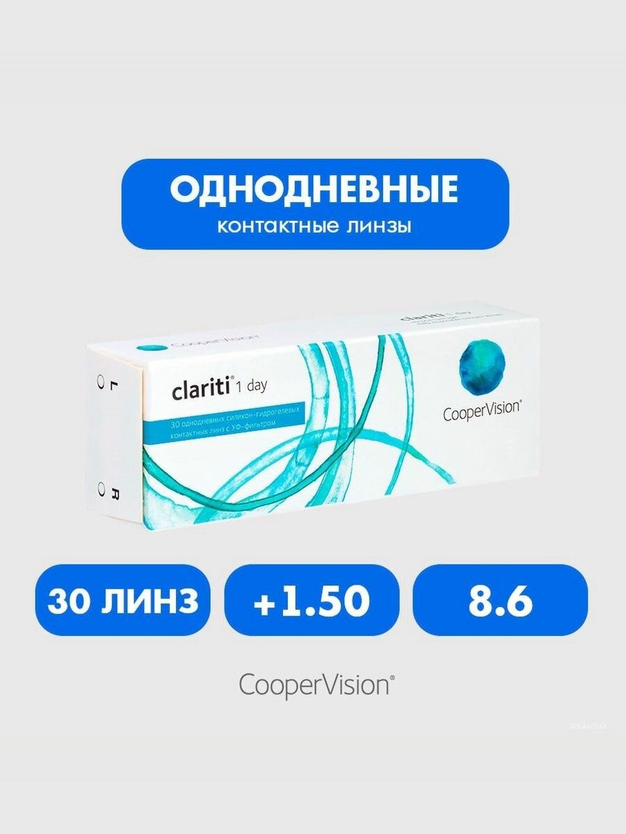 Clariti 1 day (30 линз), 8.6, +1.50 Линзы контактные мягкие корригирующие однодневные