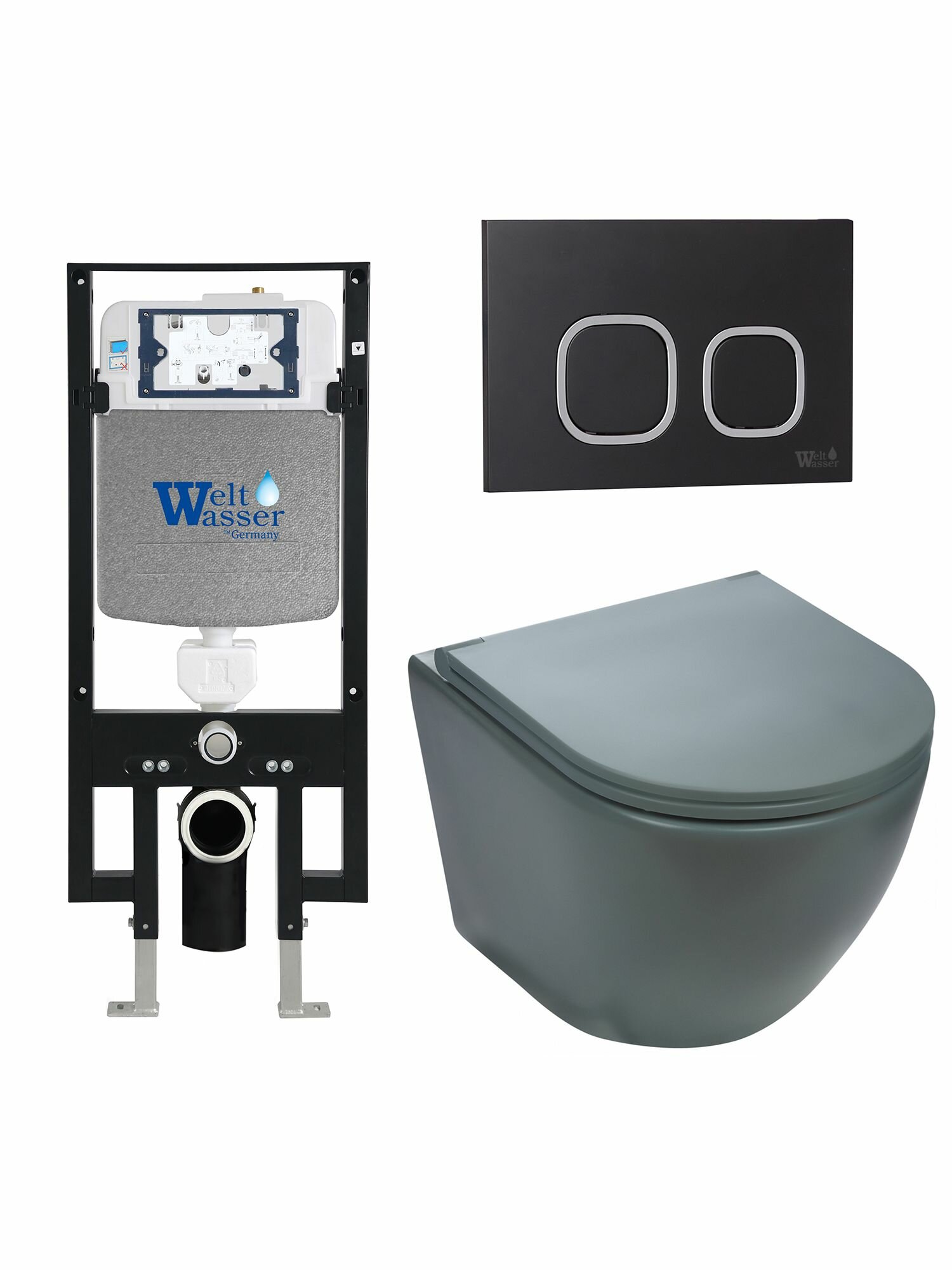 Комплект 6 в 1 WeltWasser: подвесной унитаз MERZBACH 043 MT-GR серый+кнопка смыва AMBERG RD-BL черный+инсталляция AMBERG 497