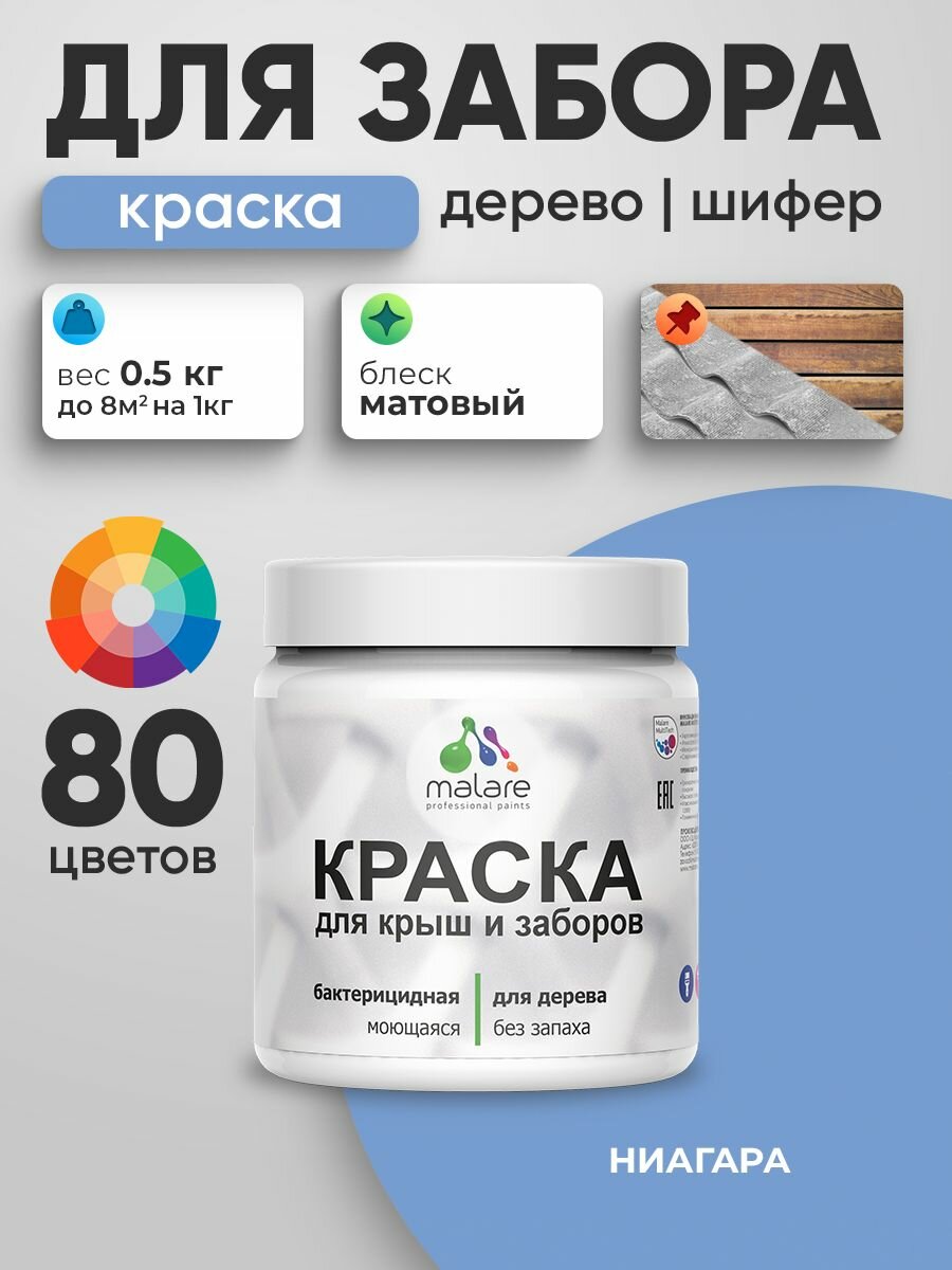 Акриловая краска Malare для деревянного забора/ по дереву для наружных и внутренних работ/ быстросохнущая моющаяся без запаха, матовая, ниагара, 0.5 кг.