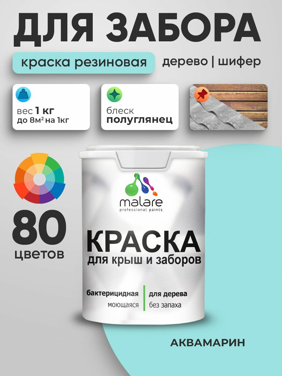 Резиновая краска Malare для деревянного забора/ по дереву для наружных и внутренних работ/ быстросохнущая моющаяся без запаха полуглянцевая, аквамарин, 1 кг.