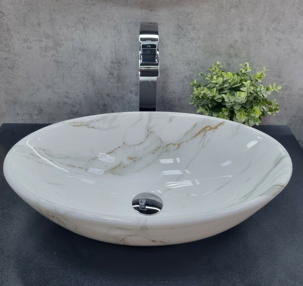 Раковина CeramaLux D1147-505, накладная, фаянс, овальная, белый мрамор, 50х14 см