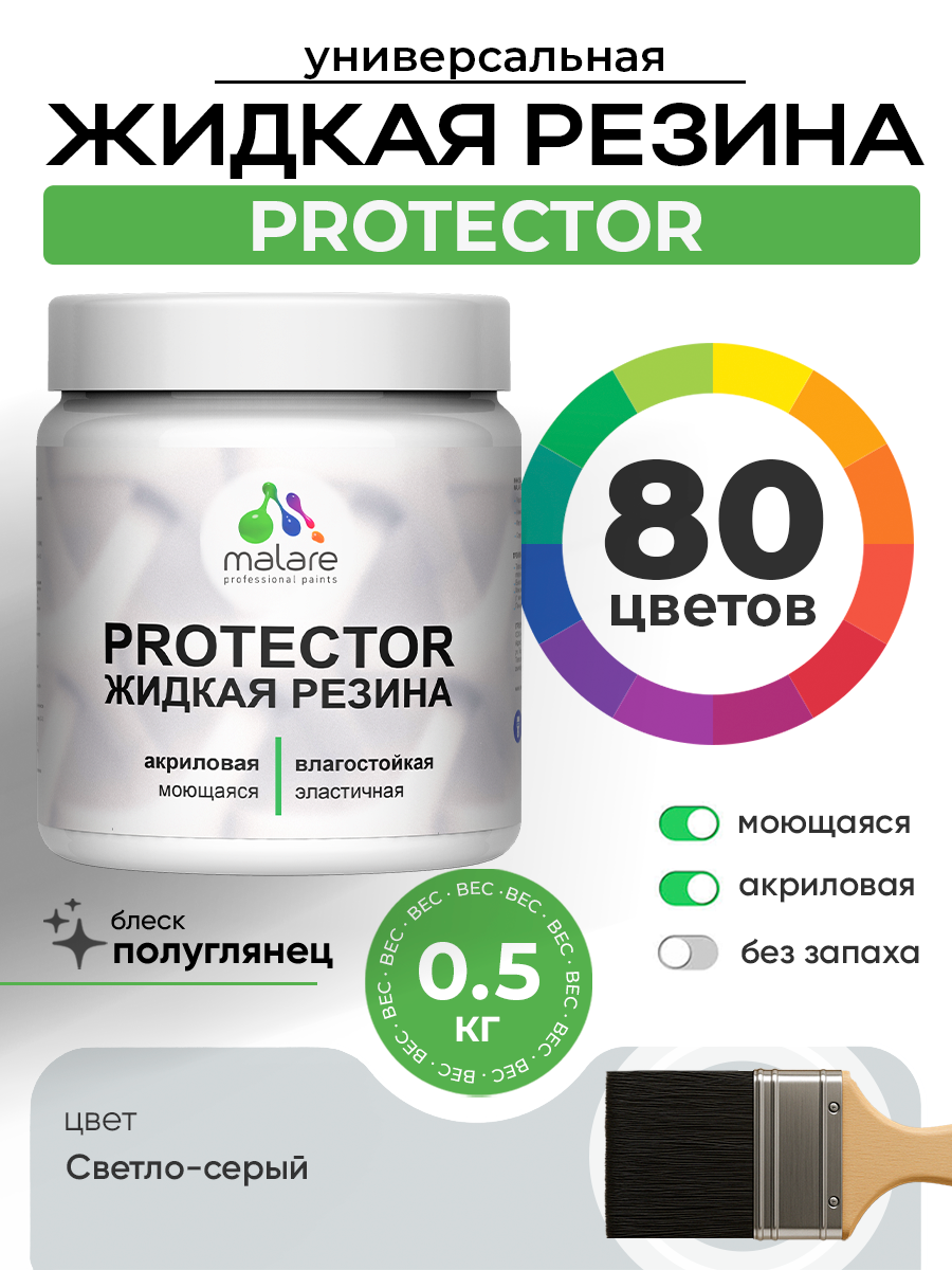 Жидкая резина Malare PROTECTOR, эластичная резиновая краска для внутренних и наружных работ, универсальная для дерева, бетона, металла, быстросохнущая, влагостойкая, полуглянцевая, светло-серая, 0.5 кг