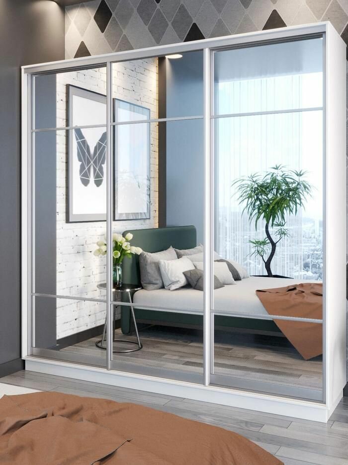 Шкаф-купе для одежды и хранения вещей Маршал Лайт с зеркалом, с полками, со штангой, 210х60х240 см, Белый / Зеркало