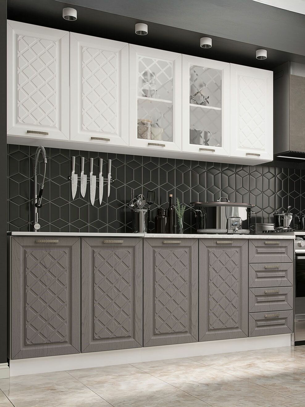 Кухонный гарнитур Агава 1.6 м, мебель для дома и кухни, Акация белая / Трюфель / столешница Калаката