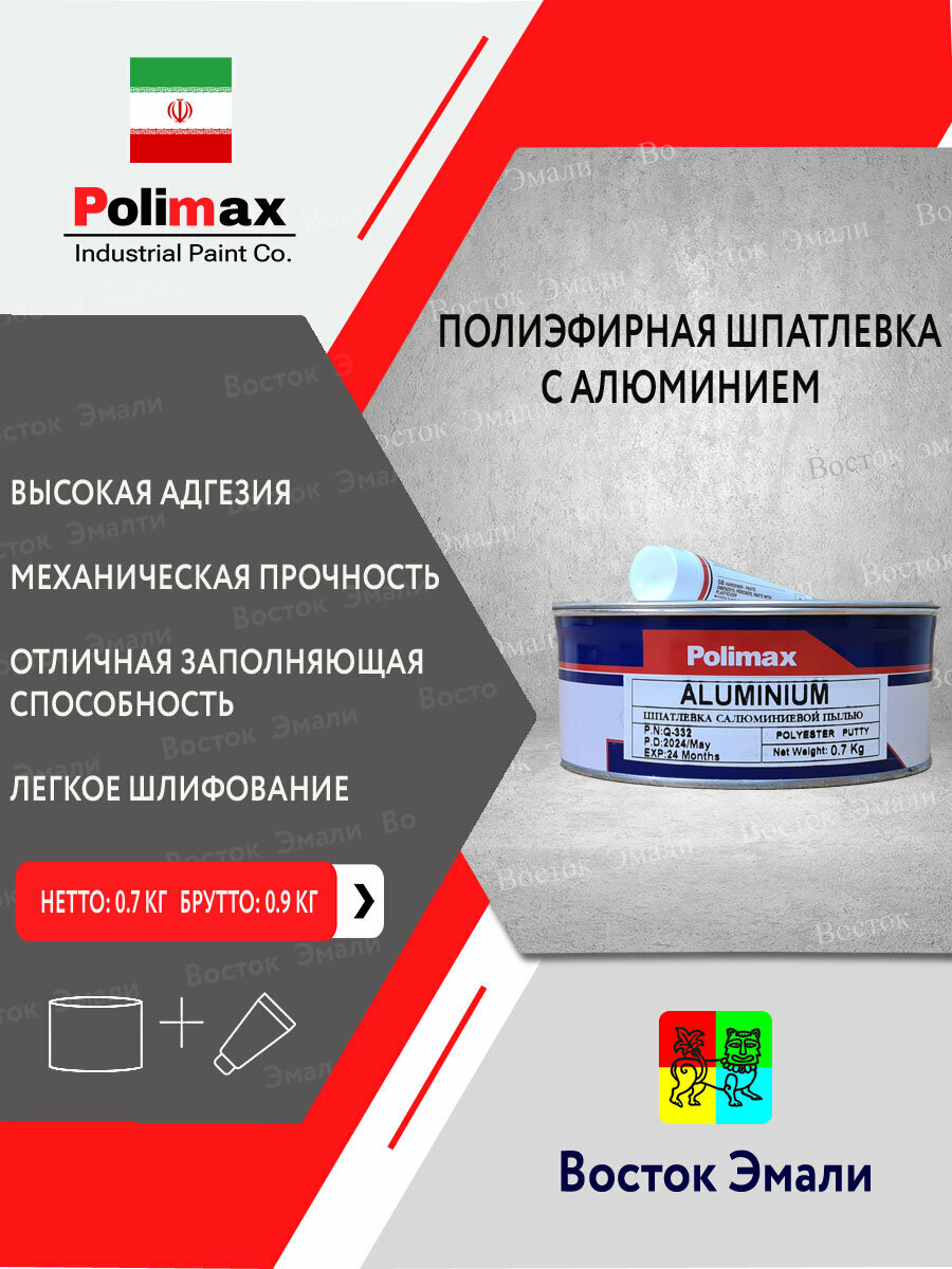 Полиэфирная шпатлёвка автомобильная c алюминием 0.9 кг Polimax Aluminium (с отвердителем 25 г) Полимакс
