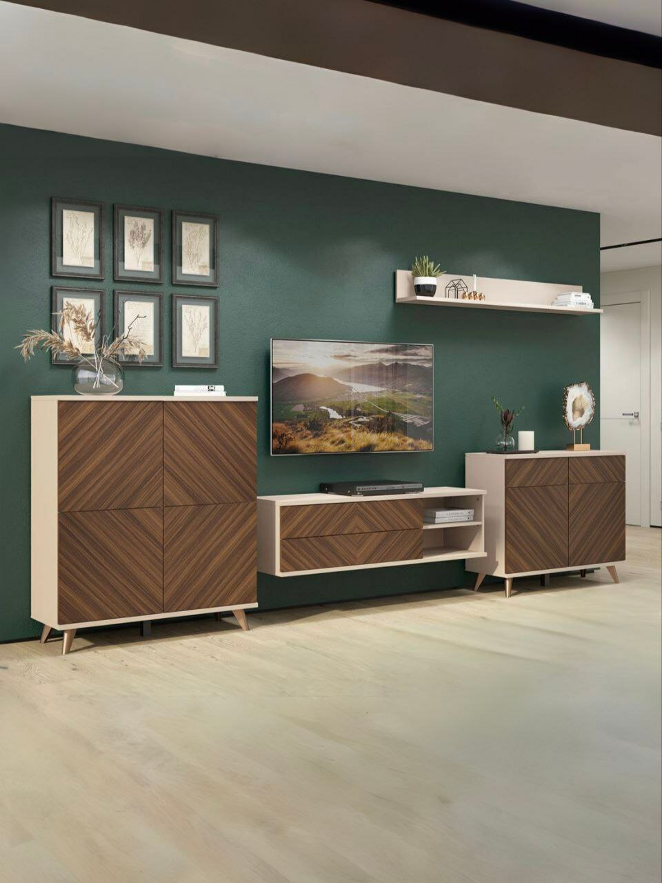 Гостиная комплект Гармония с подвесной ТВ-тумбой, комодами, настенной полкой, Бежевый / Древесный