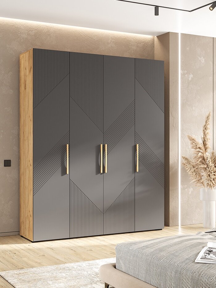 Шкаф четырехстворчатый «Ирис», 1800×506×2236 мм, цвет браш графит МДФ/дуб крафт