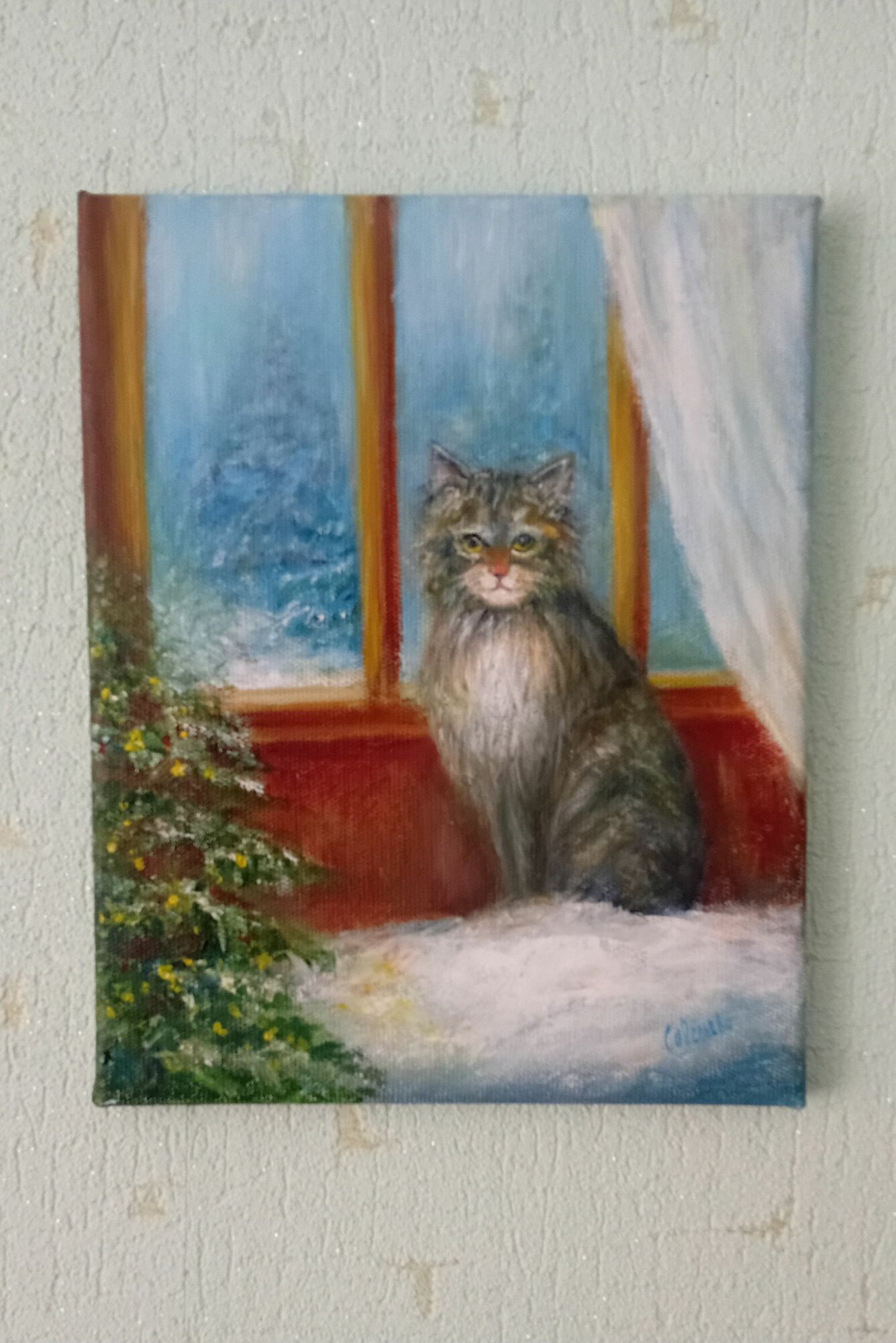 Картина маслом "Кот у зимнего окна", холст на подрамнике, масло, размер 24x30 см.