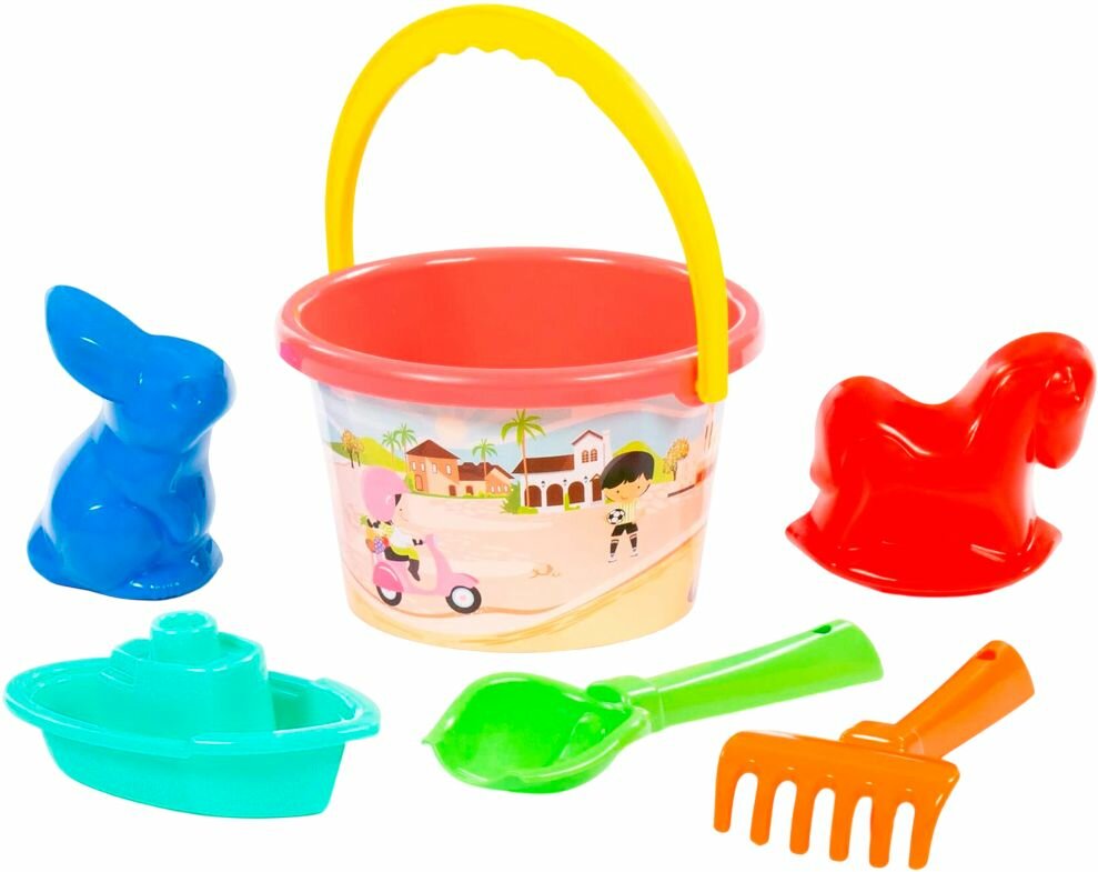 Песочный набор №251, в комплекте ведро, совок, грабли, кораблик и 2 формочки, детские пластиковые игрушки для песочницы