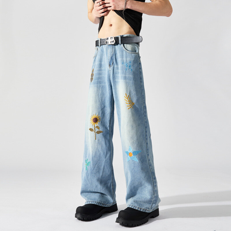 Тренд RONG CH Джинсы Широкие Винтаж Чиный Фит Флэр Высокий Улица Длинные Деним, Размер_L