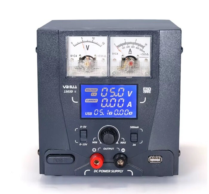 Лабораторный блок питания YIHUA 1503D-II; USB порт. 2 режима напряжения: 0-5В и 0-15В. 2 режима тока: 0,5А и 3А.
