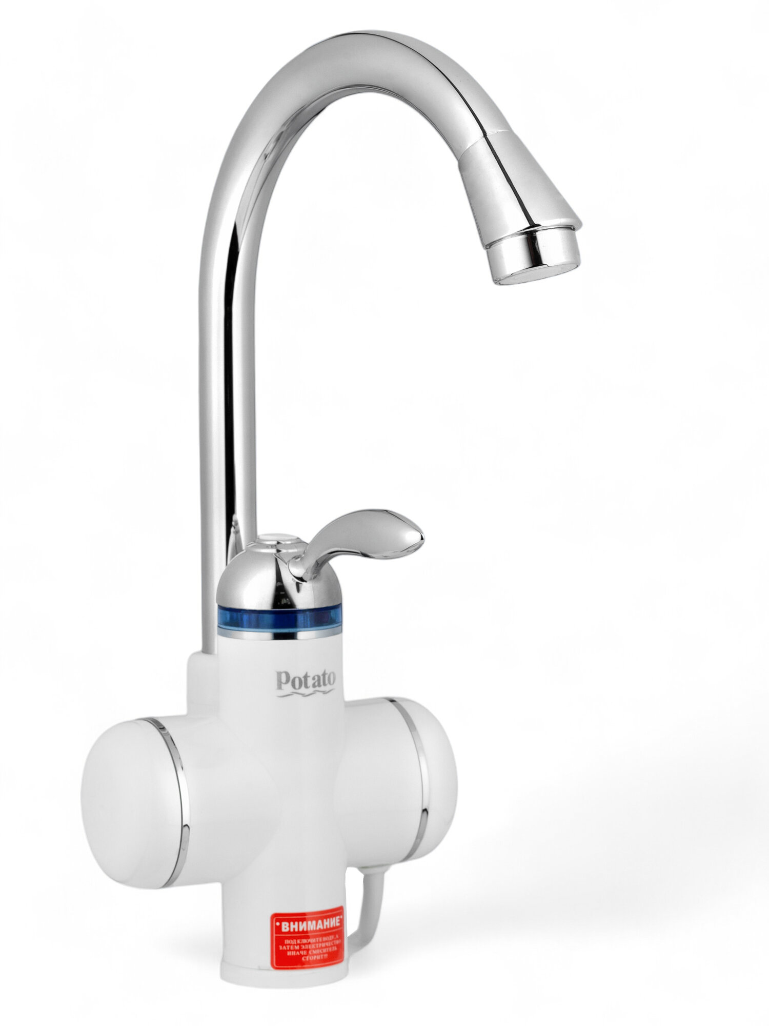 Cмеситель с водонагревателем для дачи и дома с длинным хромированным изливом, белый