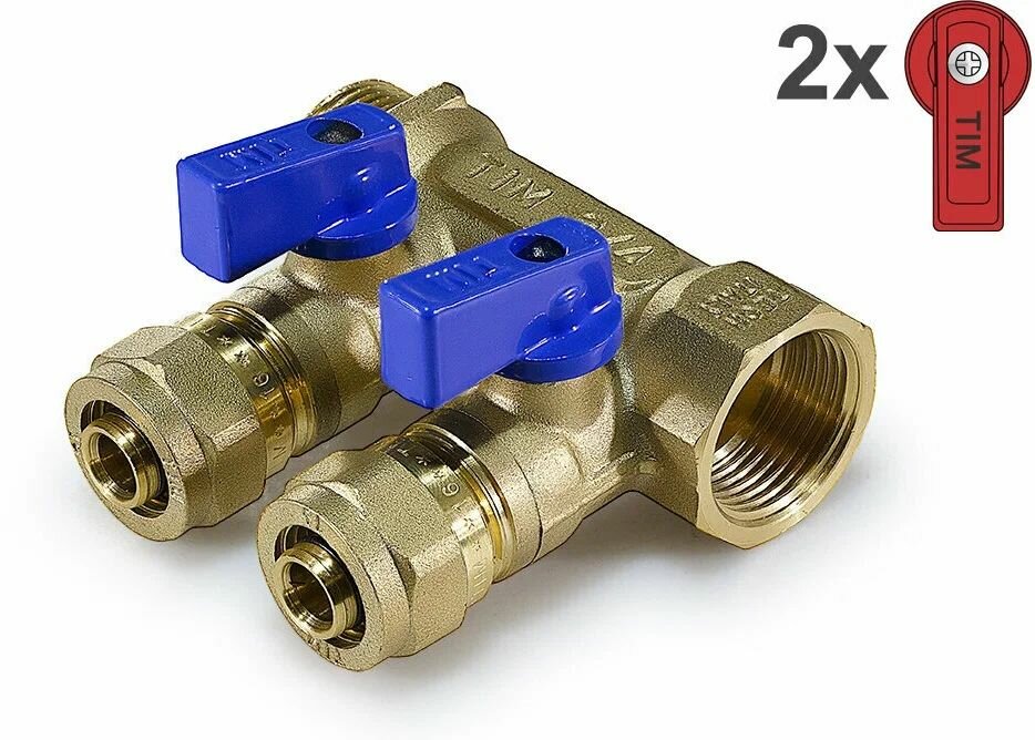 Коллектор 3/4'x16 с шаровыми кранами и цангами 2 отвода под трубу 16 мм TIM