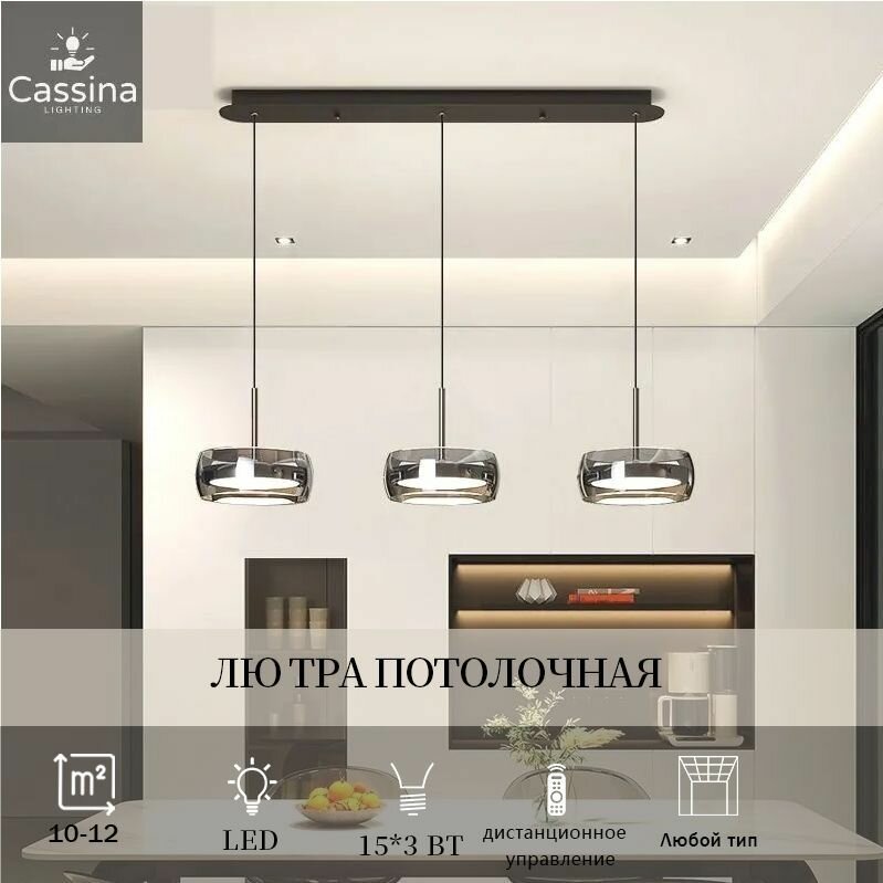 Люстра потолочная DD05-4 Cassina Дымчато-серое стекло светодиодная Современная железная люстра с LED-подсветкой Подходит для гостиных, кухонь и спален. -Длинный лоток -3 головки