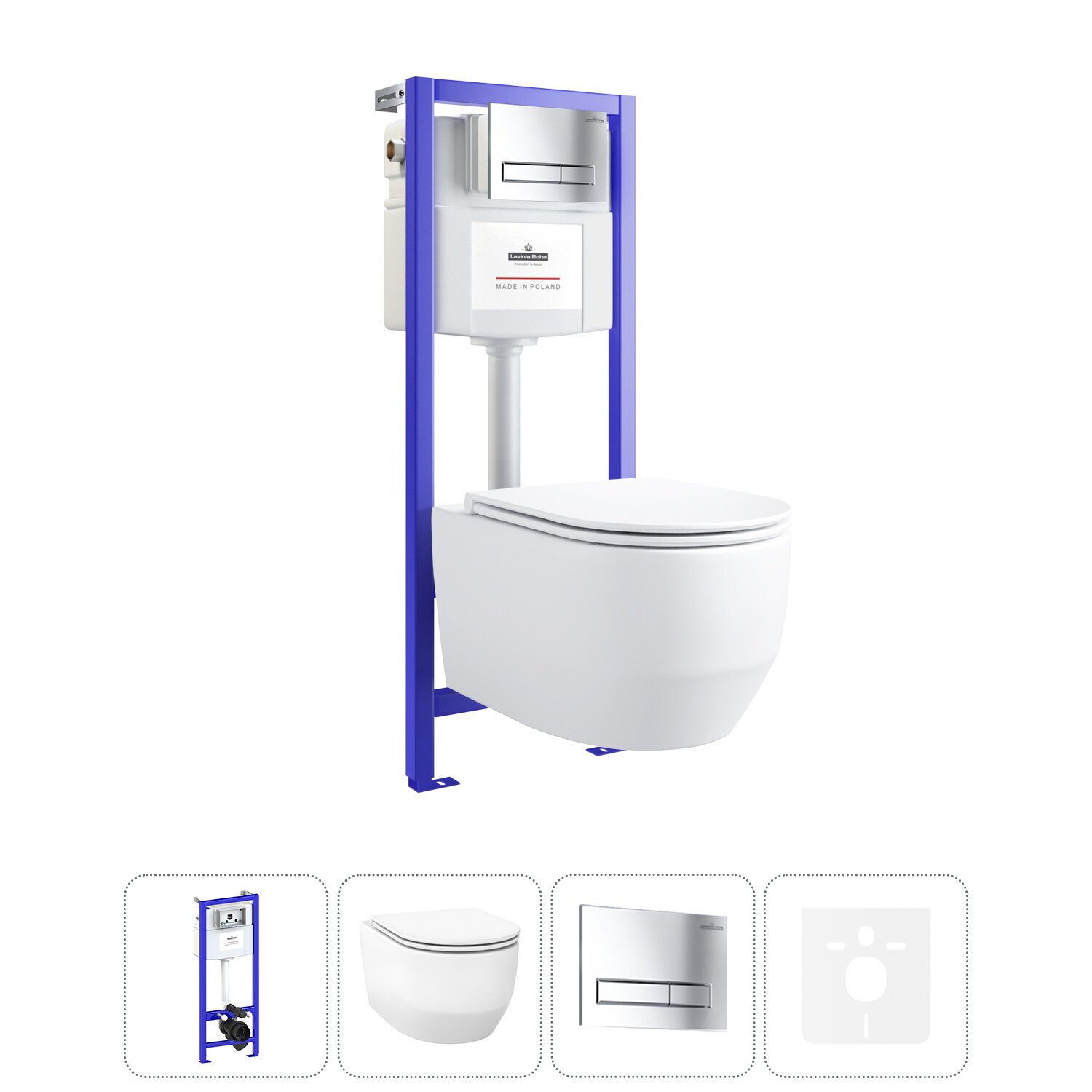 Инсталляция с унитазом в комплекте 6 в 1 Lavinia Boho RelFix 20219135R: безободковый подвесной унитаз торнадо (белый глянец), сиденье микролифт, инсталляция, шумоизоляция, крепление, кнопка