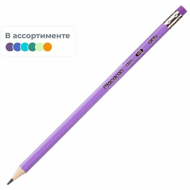 Карандаш чернографитный HB с ластиком Deli Macaron заточенный шестигранный
