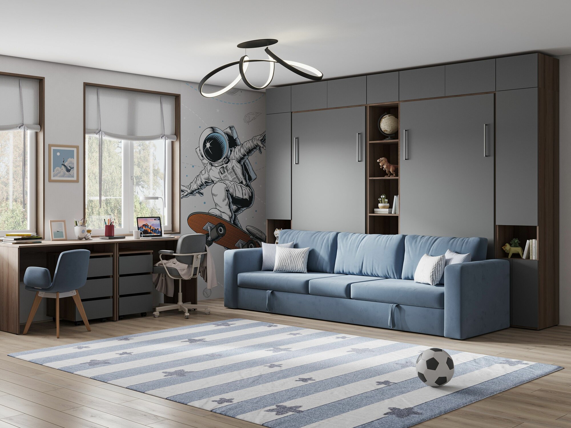 Набор мебели для детской 1 Ясень Анкор Темный / Темно-серый/Синий диван (Мало места)