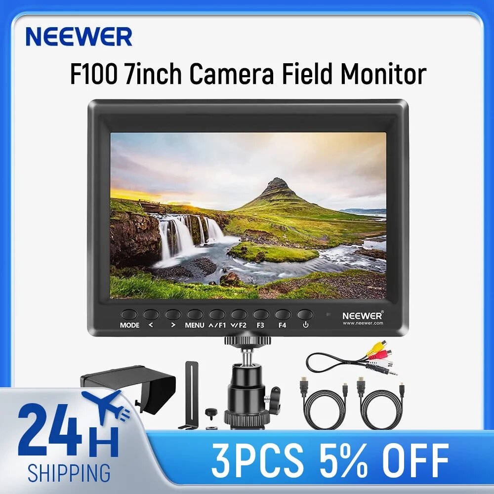 Neewer F100 7-дюймовый полевой монитор камеры HD Video Assist IPS 1280x800 с солнцезащитным козырьком и шаровой головкой для зеркальных камер