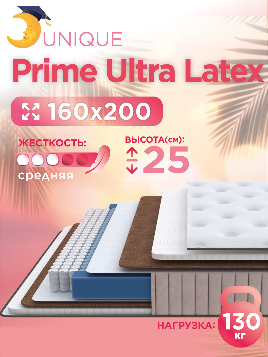 Анатомический, Ортопедический матрас 160х200 Prime Ultra Latex, двуспальный