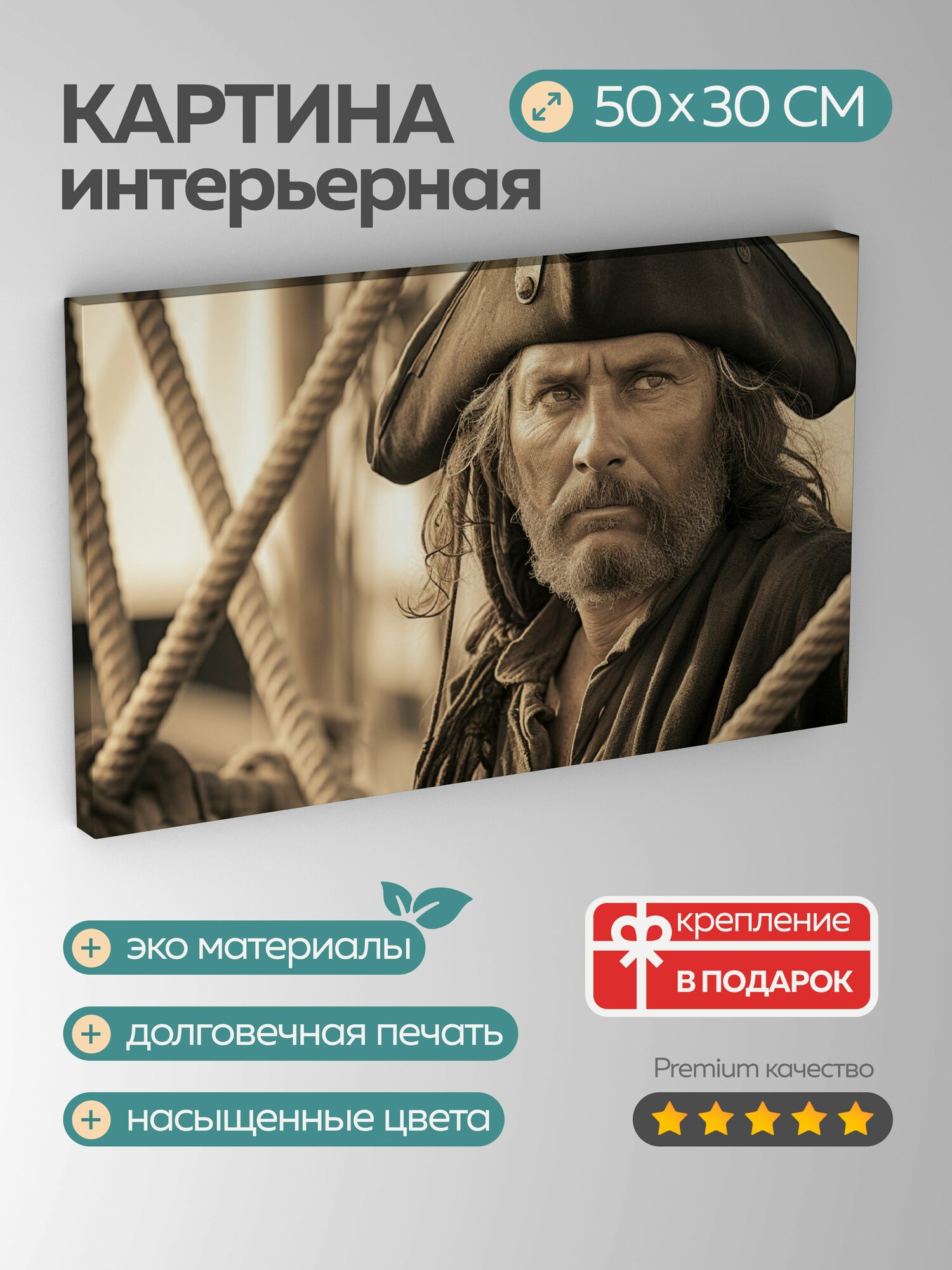 Картина на холсте интерьерная 50х30 см, пират, капитан, фотография, морской фестиваль, аутентичный наряд, палуба, сепия