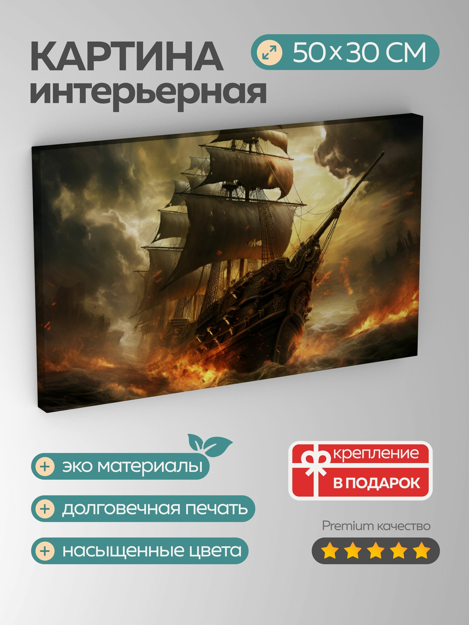 Картина на холсте интерьерная 50х30 см, цифровая картина, битва пиратских кораблей, штормовое море, зловещие облака